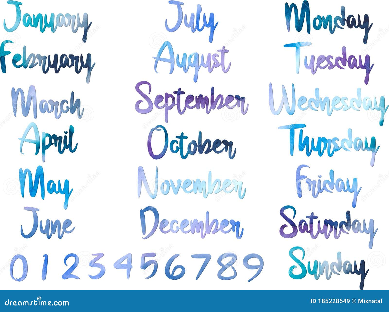 Watercolor Lettering of Month Names, Days of Week, Dates/numbers. Stock ...