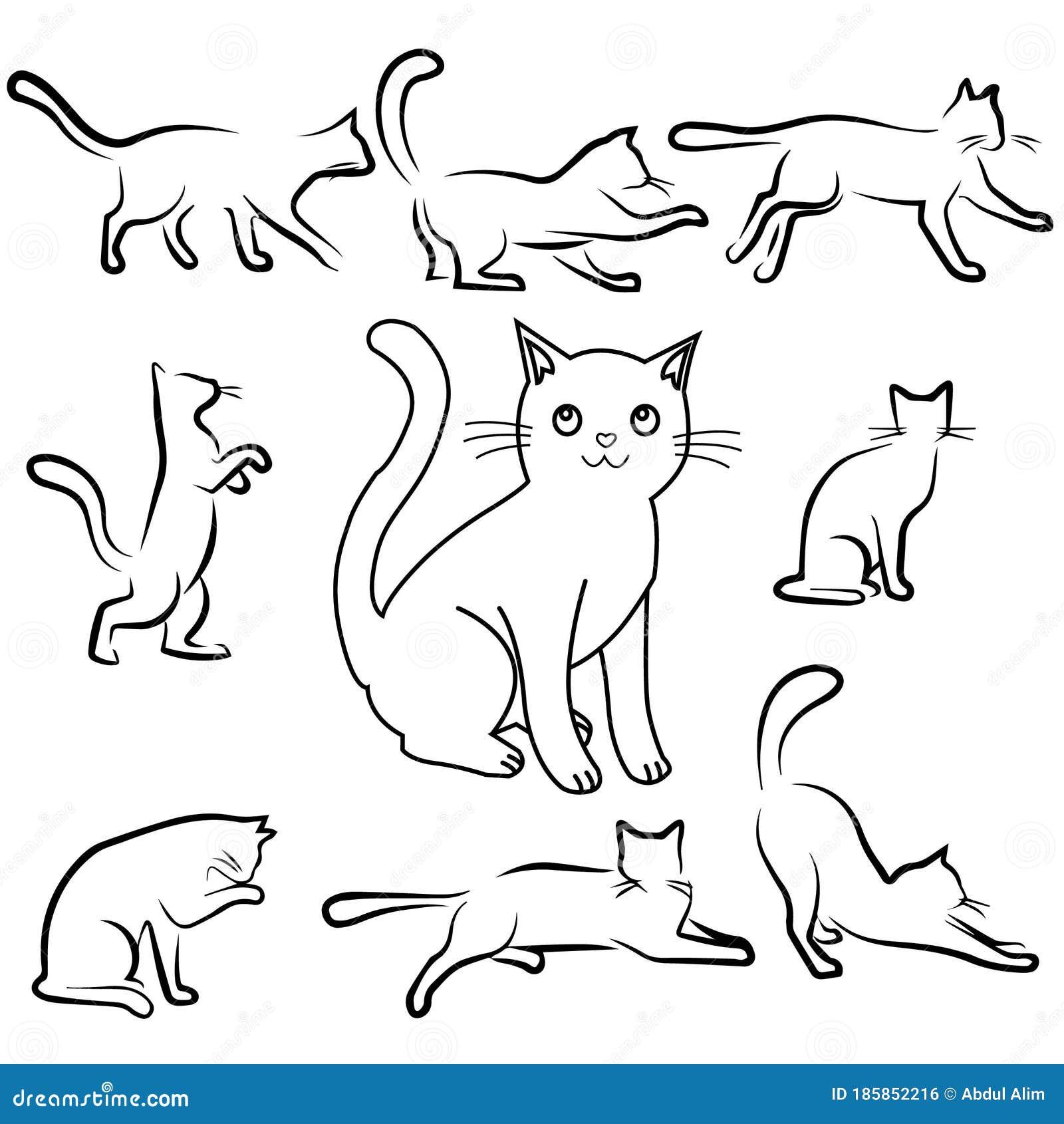 Lots Of Cats Outline, Isolated In Different Poses Vector Illustration ...