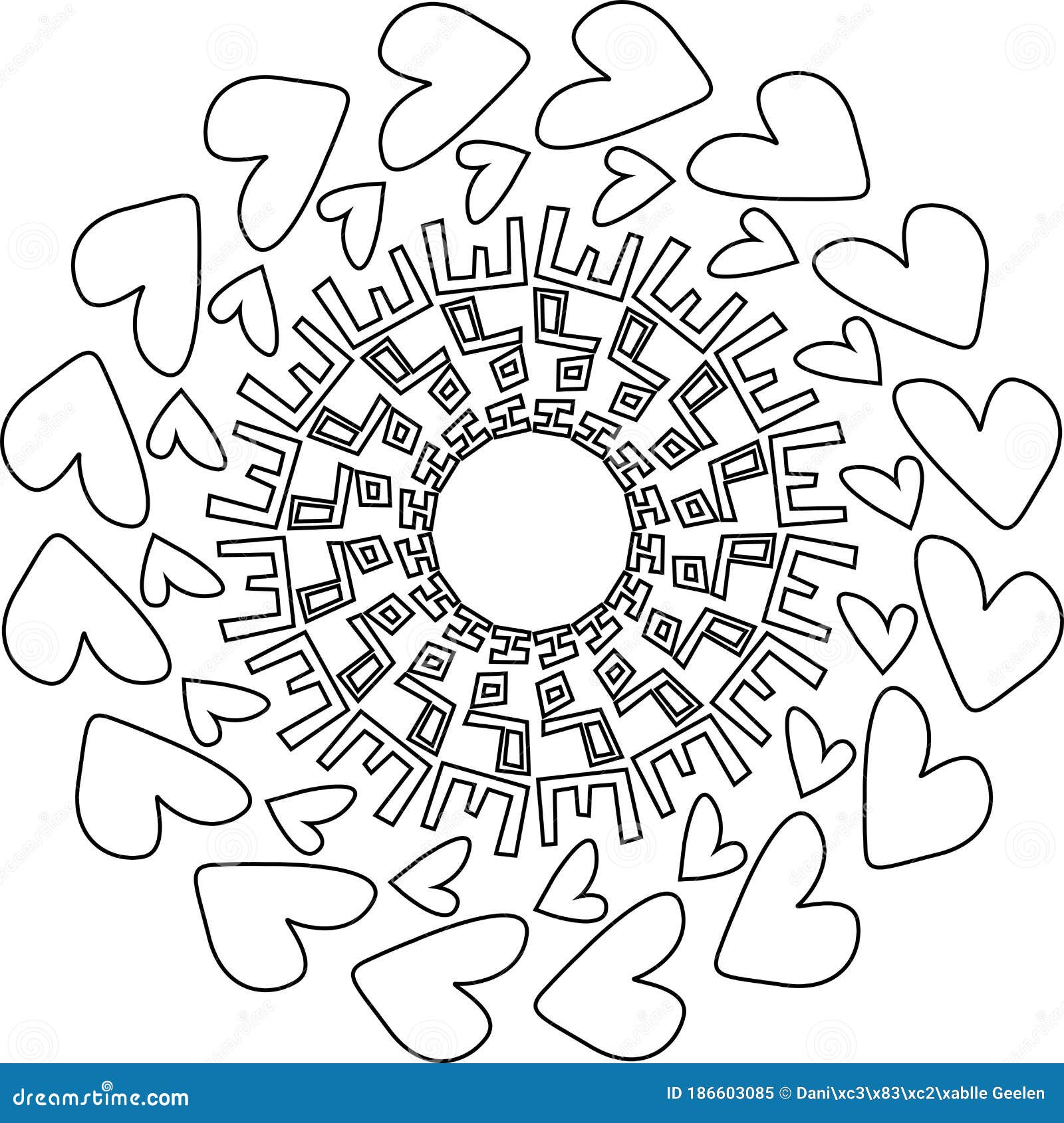 Mandala, Hope, Vector Drawing of Hope and Love for Coloring Book Stock ...