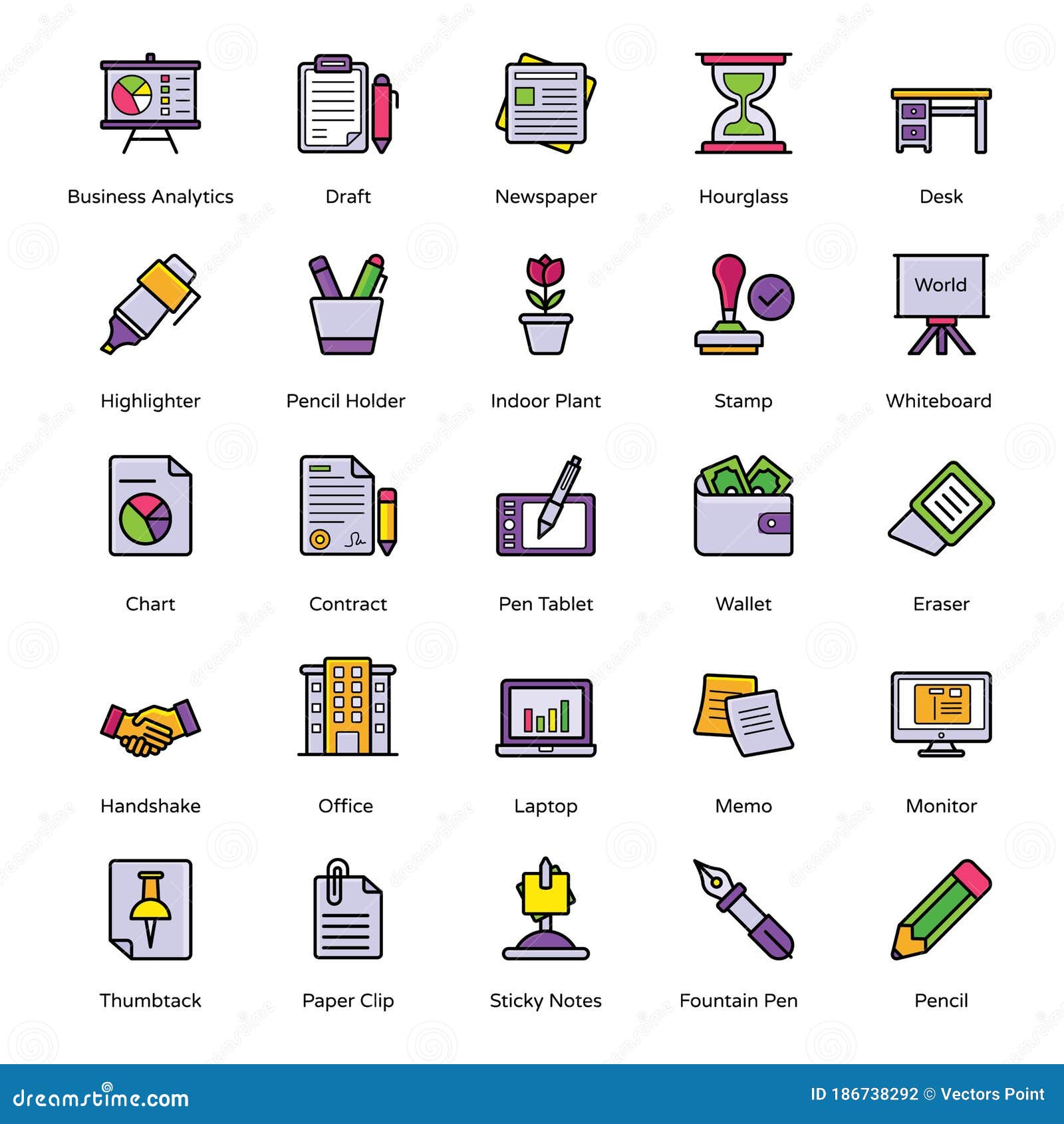 Office and Workplace Accessories Flat Icons Pack Stock Vector ...