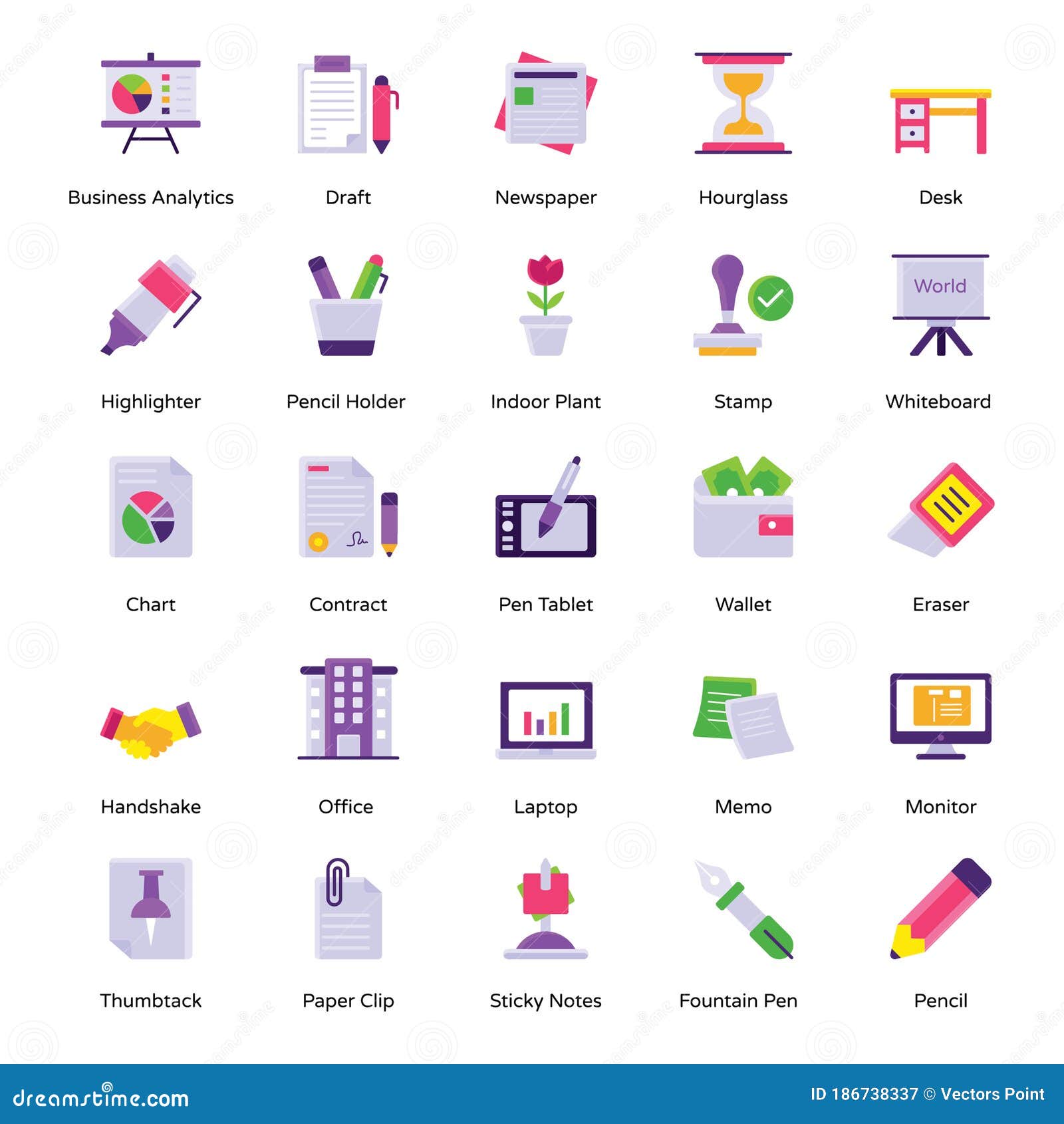 Office and Workplace Accessories Flat Icons Pack Stock Vector ...