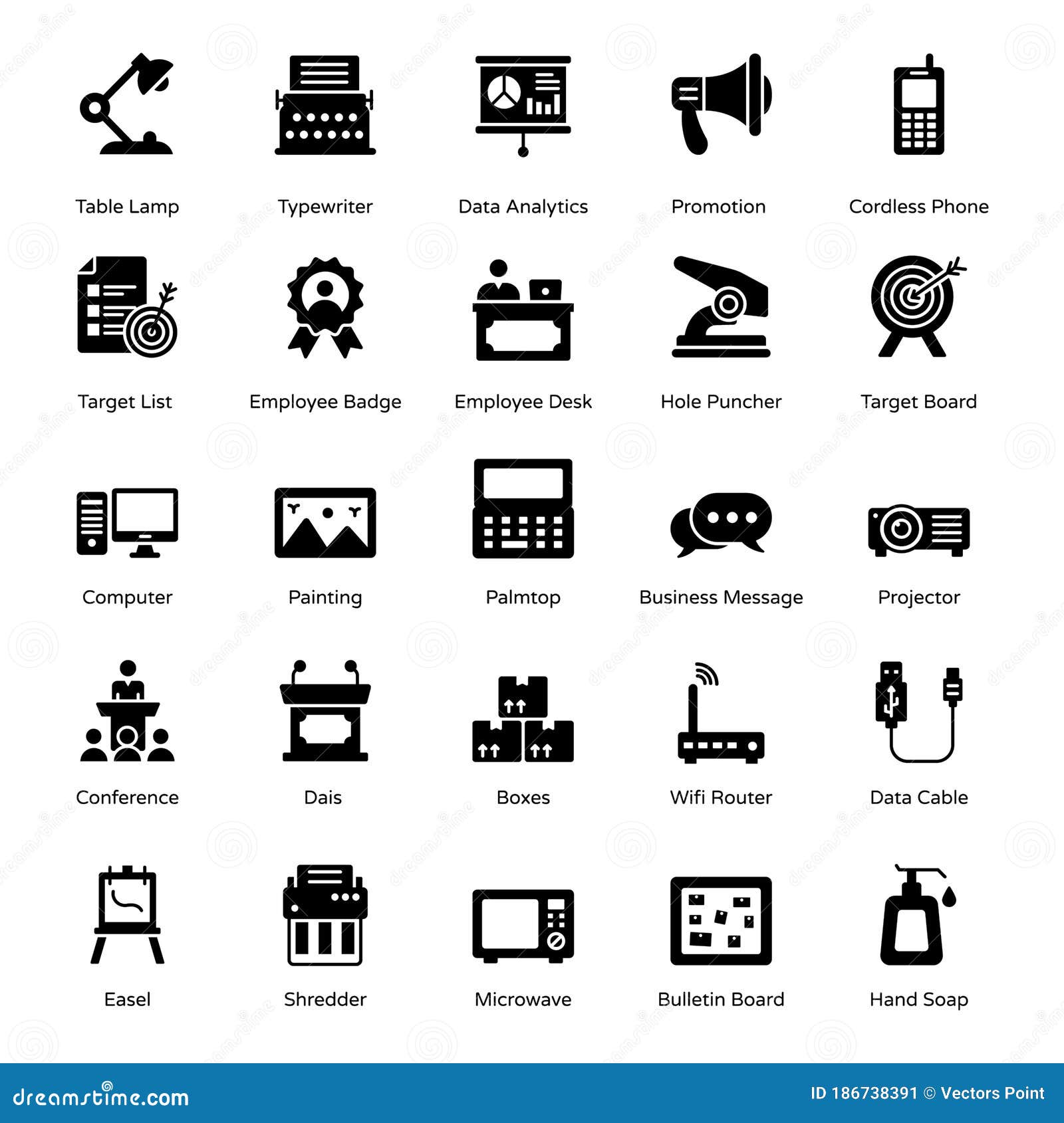 Office and Workplace Supplies Glyph Icons Pack Stock Vector ...