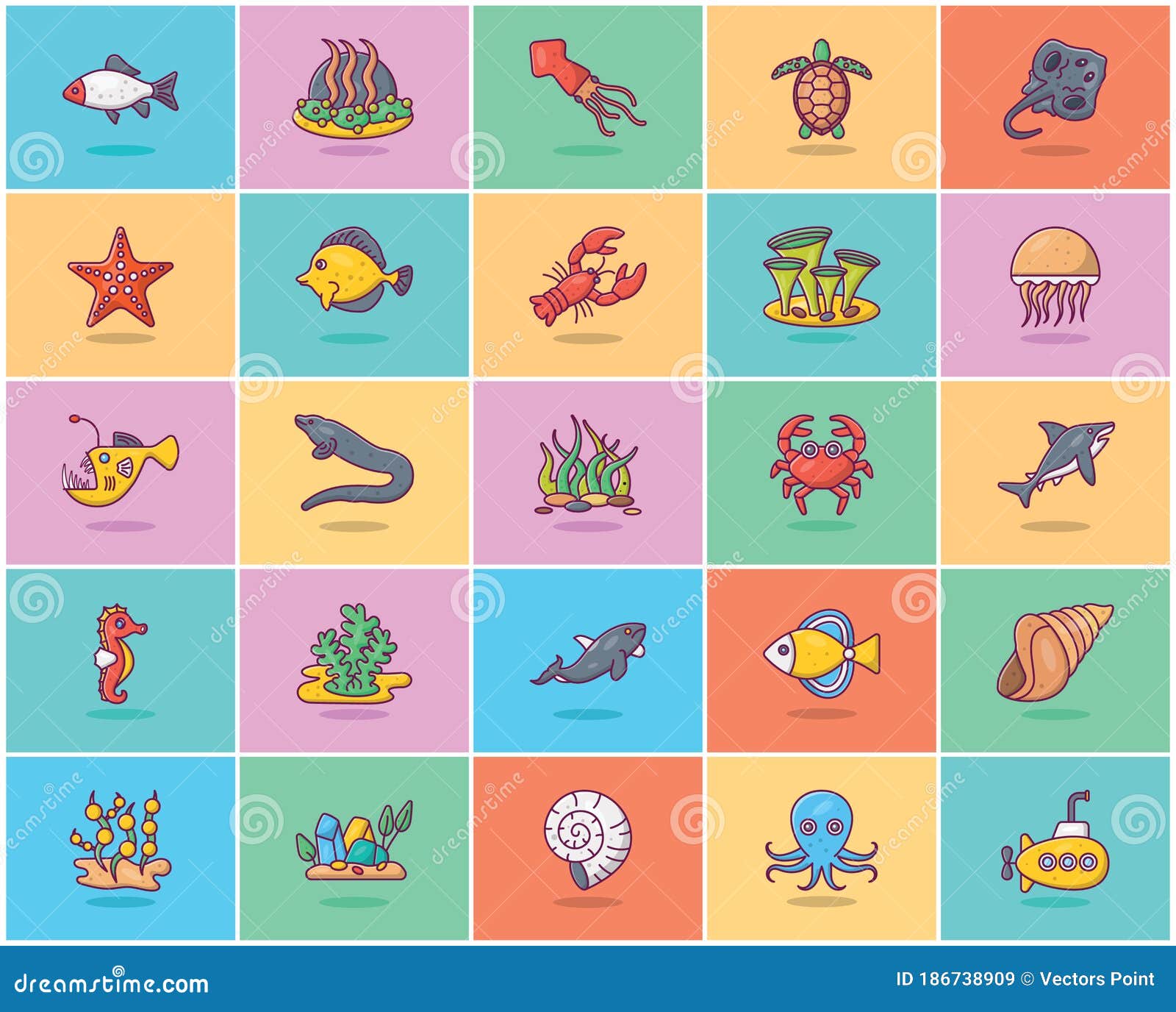 Pack of Undersea Flat Icons Stock Vector - Illustration of shark ...