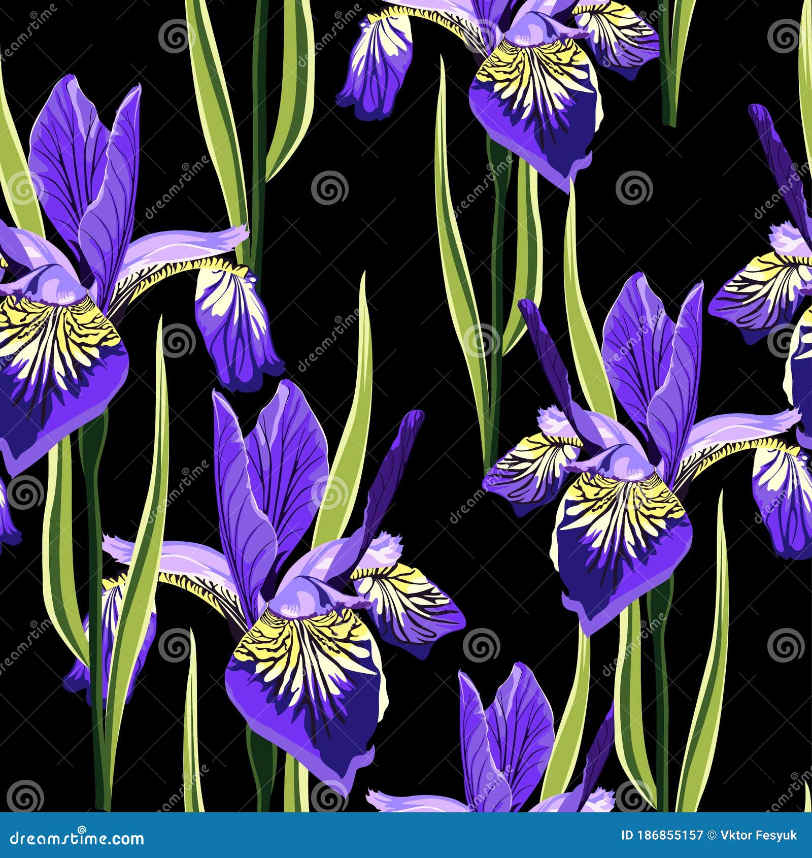 Seamless Botanical Watercolor Style Pattern with Iris Flowers and ...