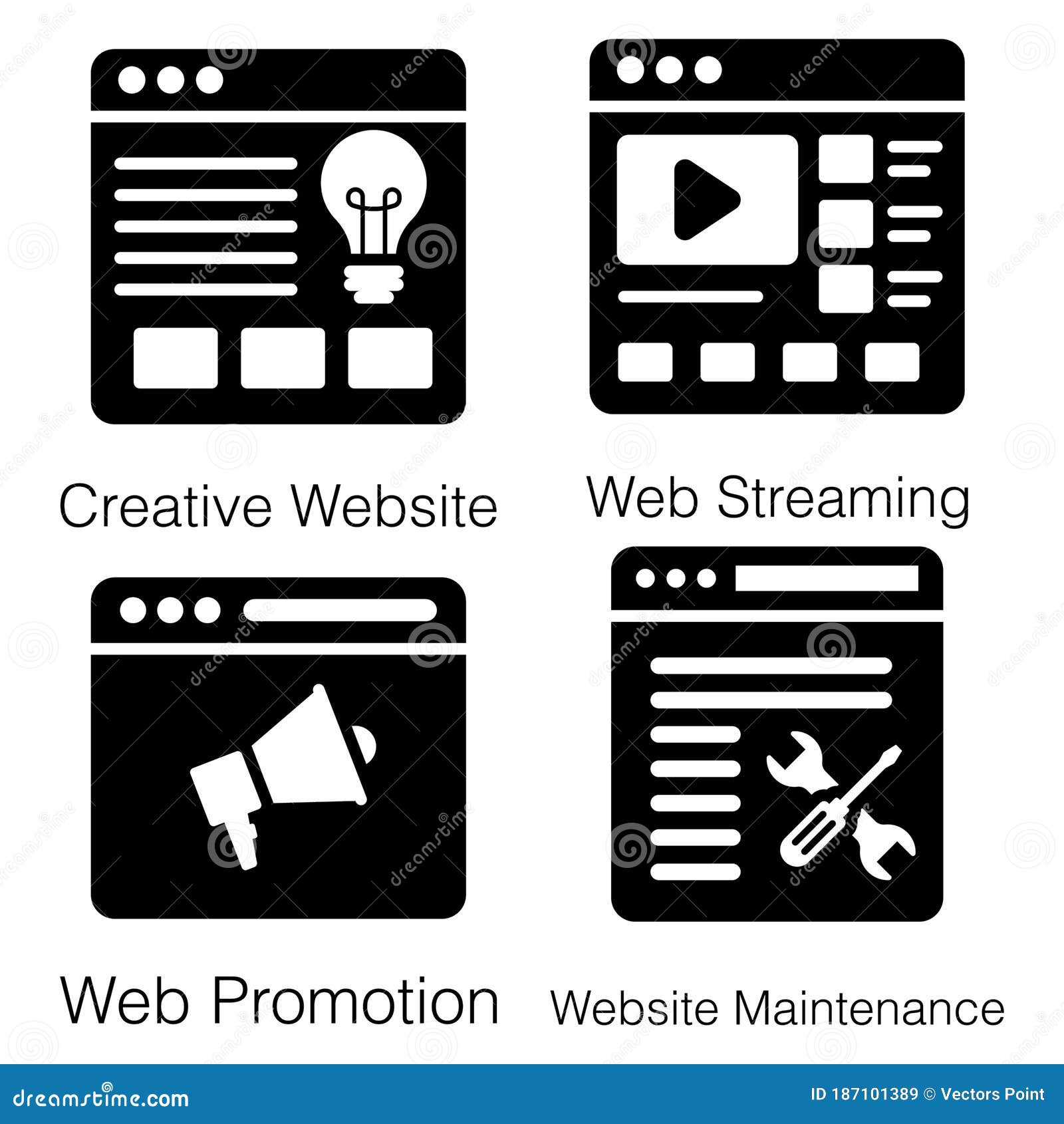 Pack of Web glyph Icons stock vector. Illustration of streaming - 187101389