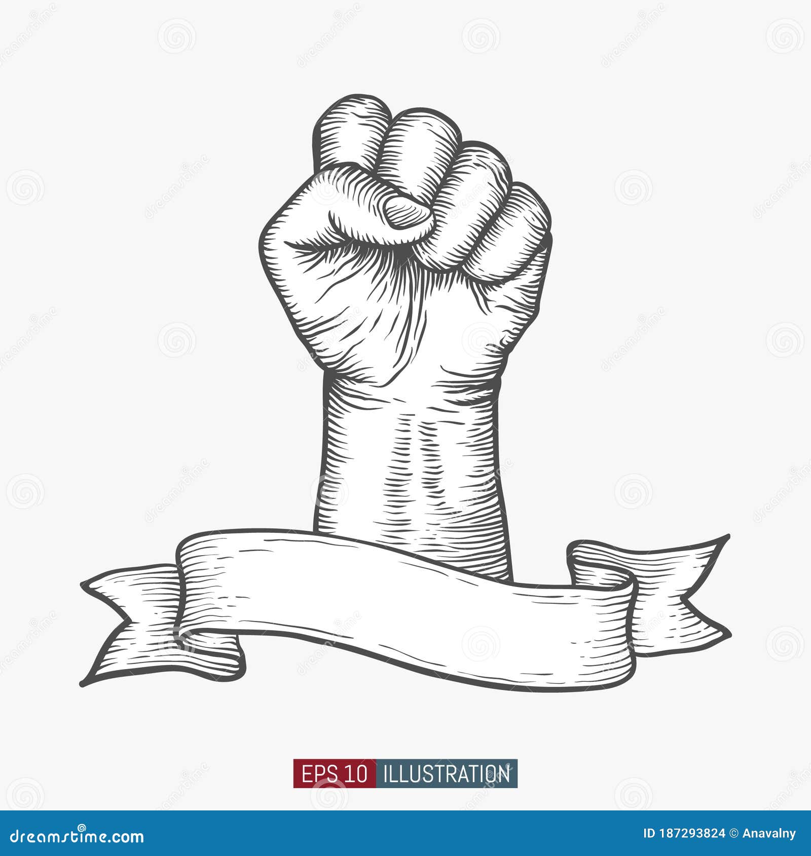 Hand Drawn Isolated Fist Hand with Ribbon Banner. Engraved Style ...