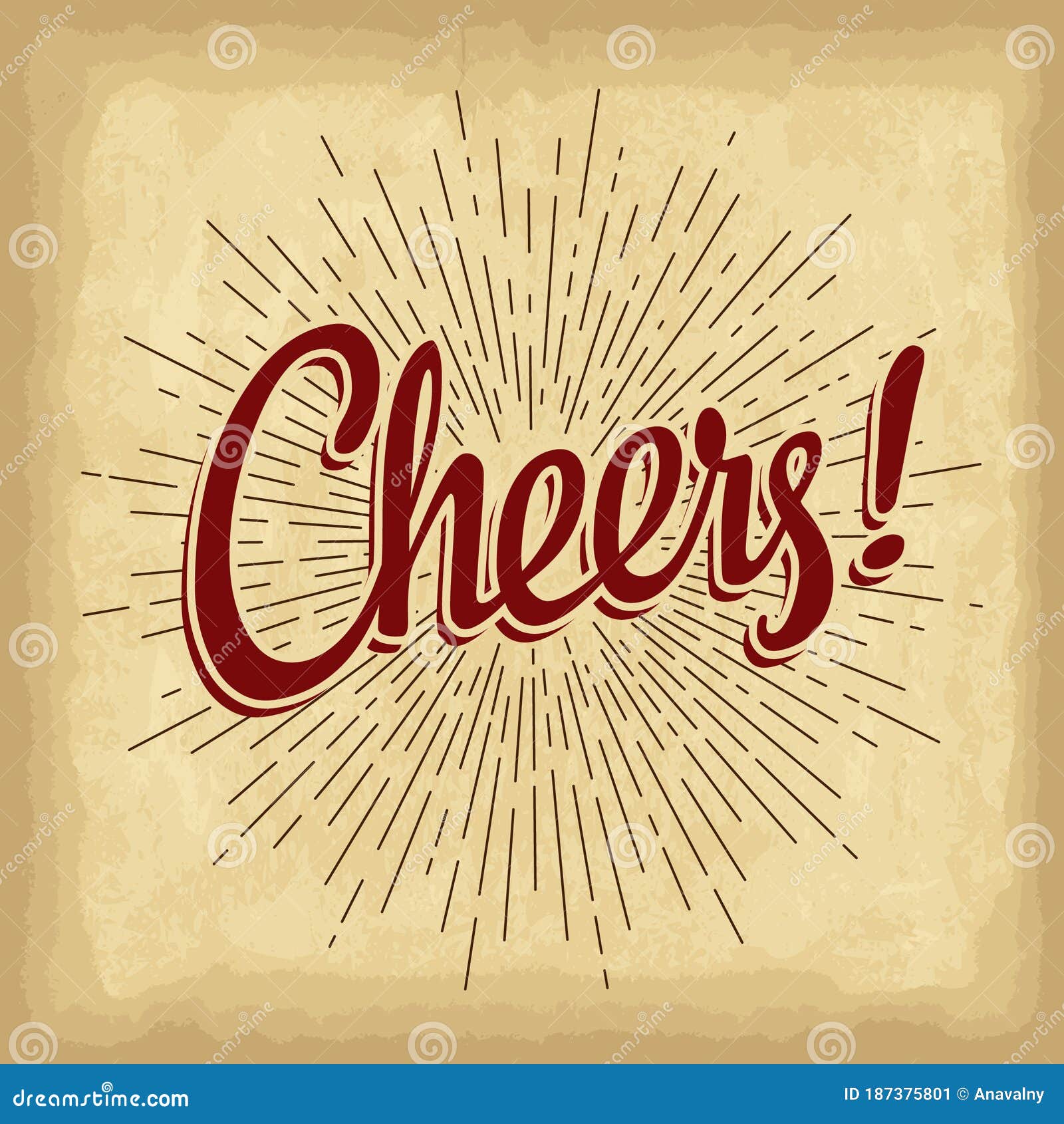 Cheers Lettering. Old Paper Texture With Linear Vintage Style Sun Rays ...