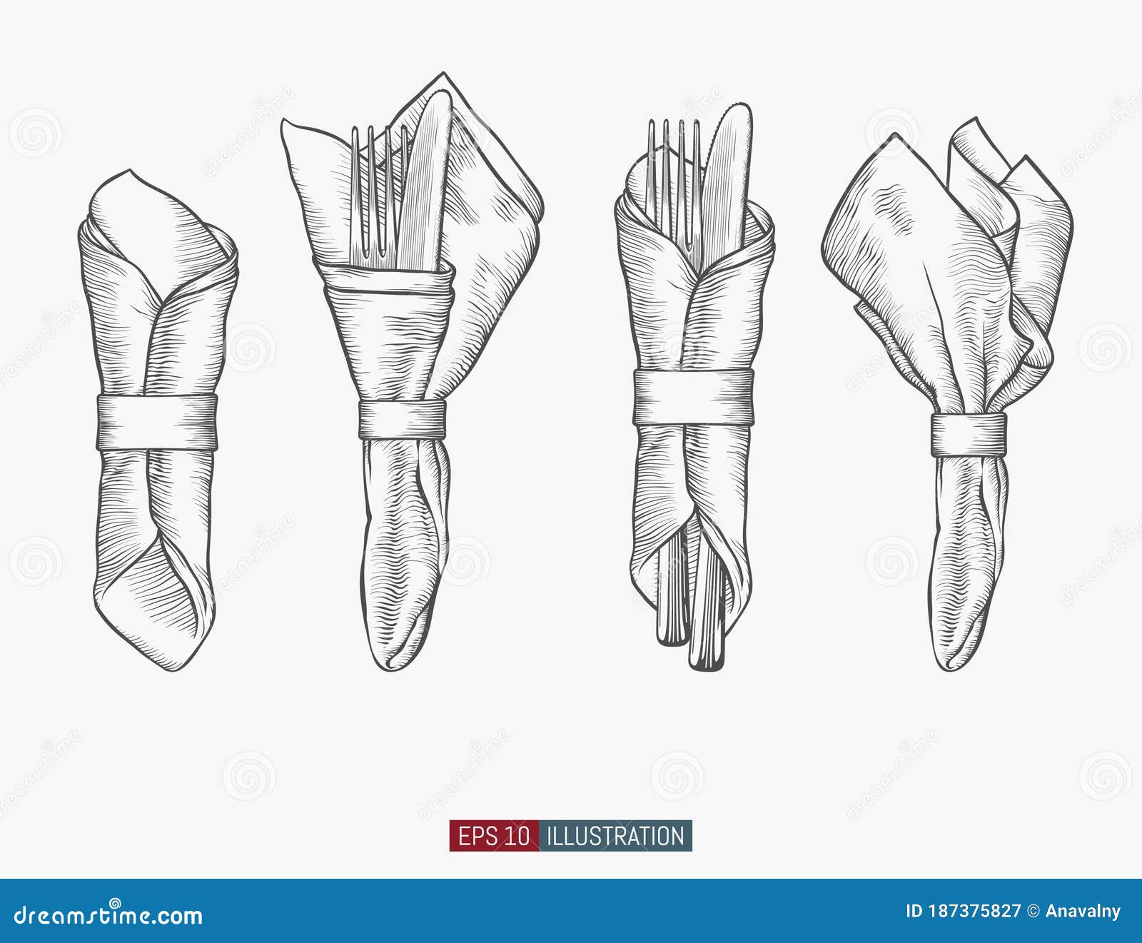 Hand Drawn Napkins and Cutlery Set. Engraved Style Vector Illustration ...