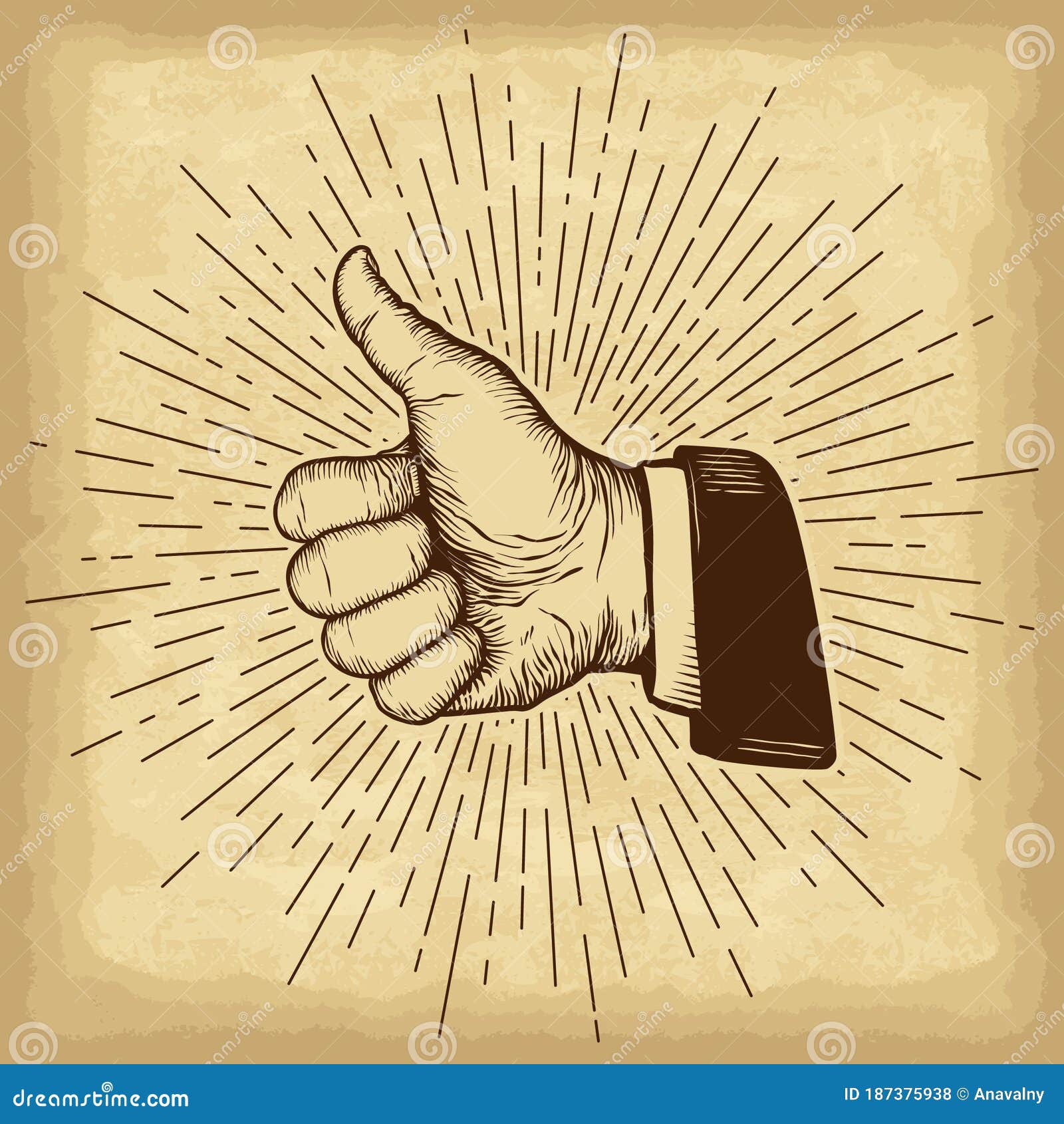 Hand Drawn Hand Gesture. Thumb Up on Old Craft Paper Texture Background ...