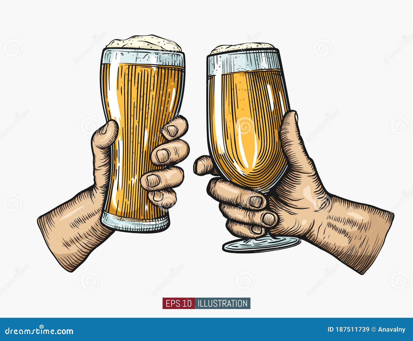 Hands Holding and Clinking Beer Glasses. Engraved Style. Hand Drawn ...