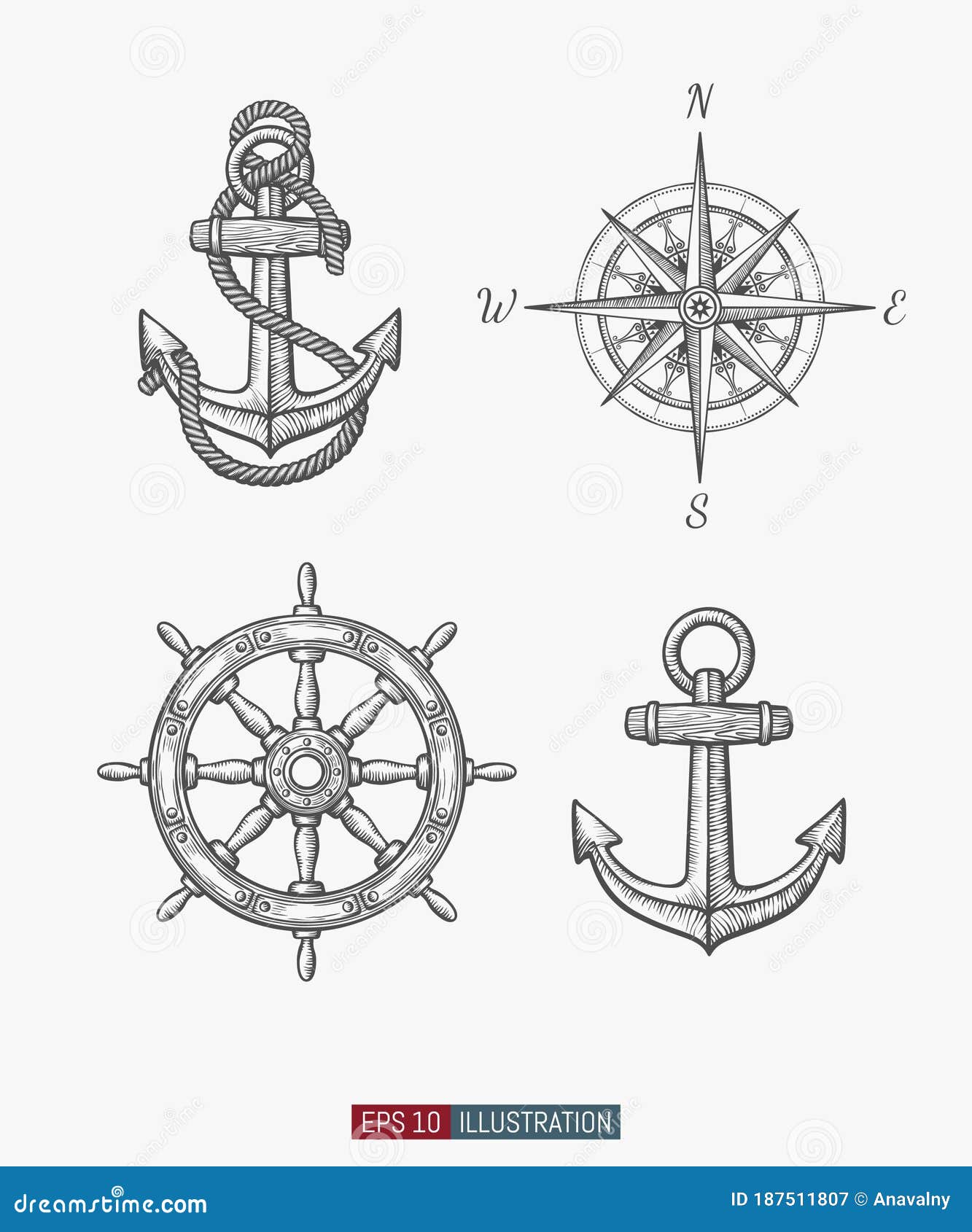 Hand Drawn Sea Symbols Set. Compass, Ship Wheel, Anchors. Template for ...