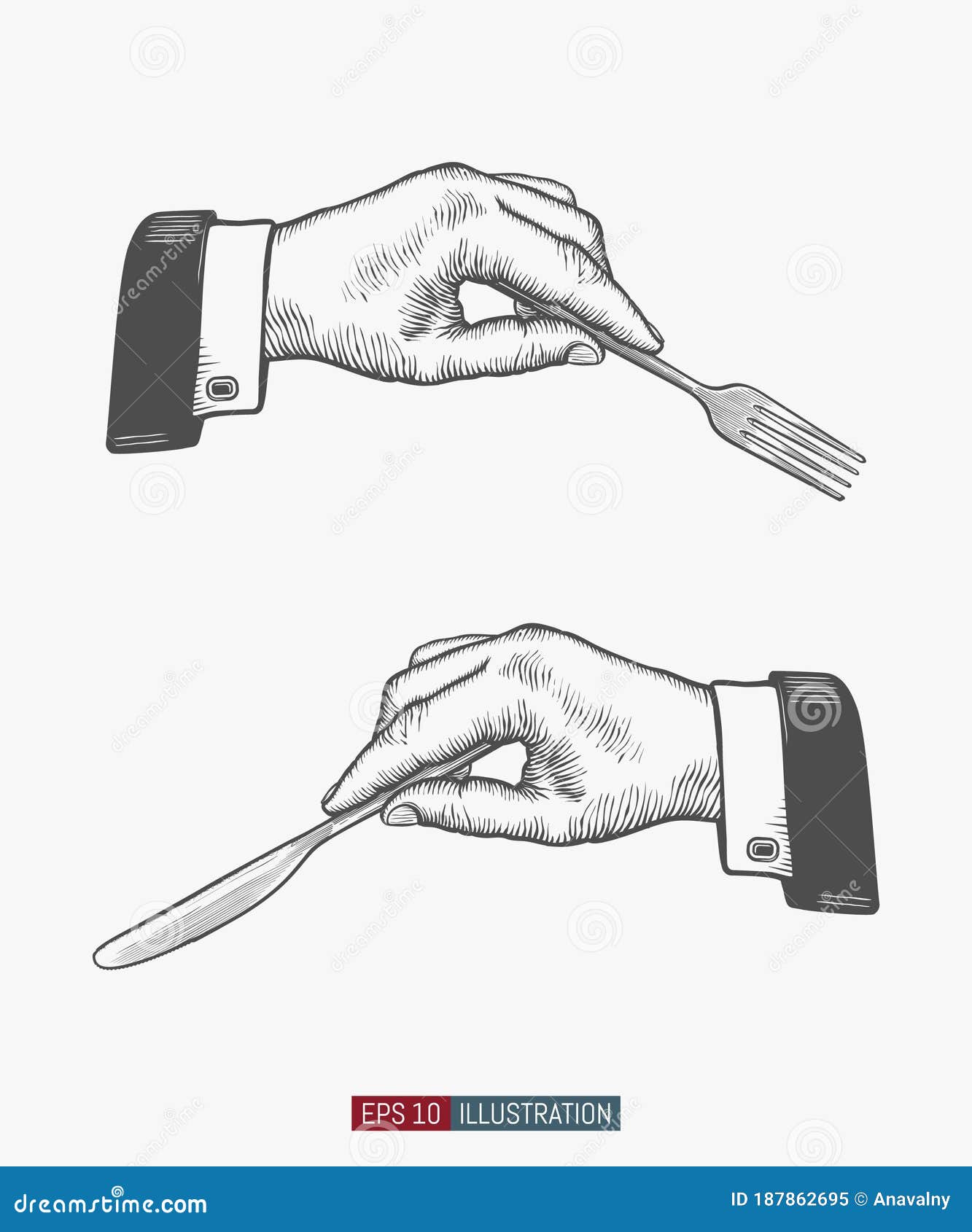 Hand Drawn Hands Holding Fork and Knife. Engraved Style Vector ...