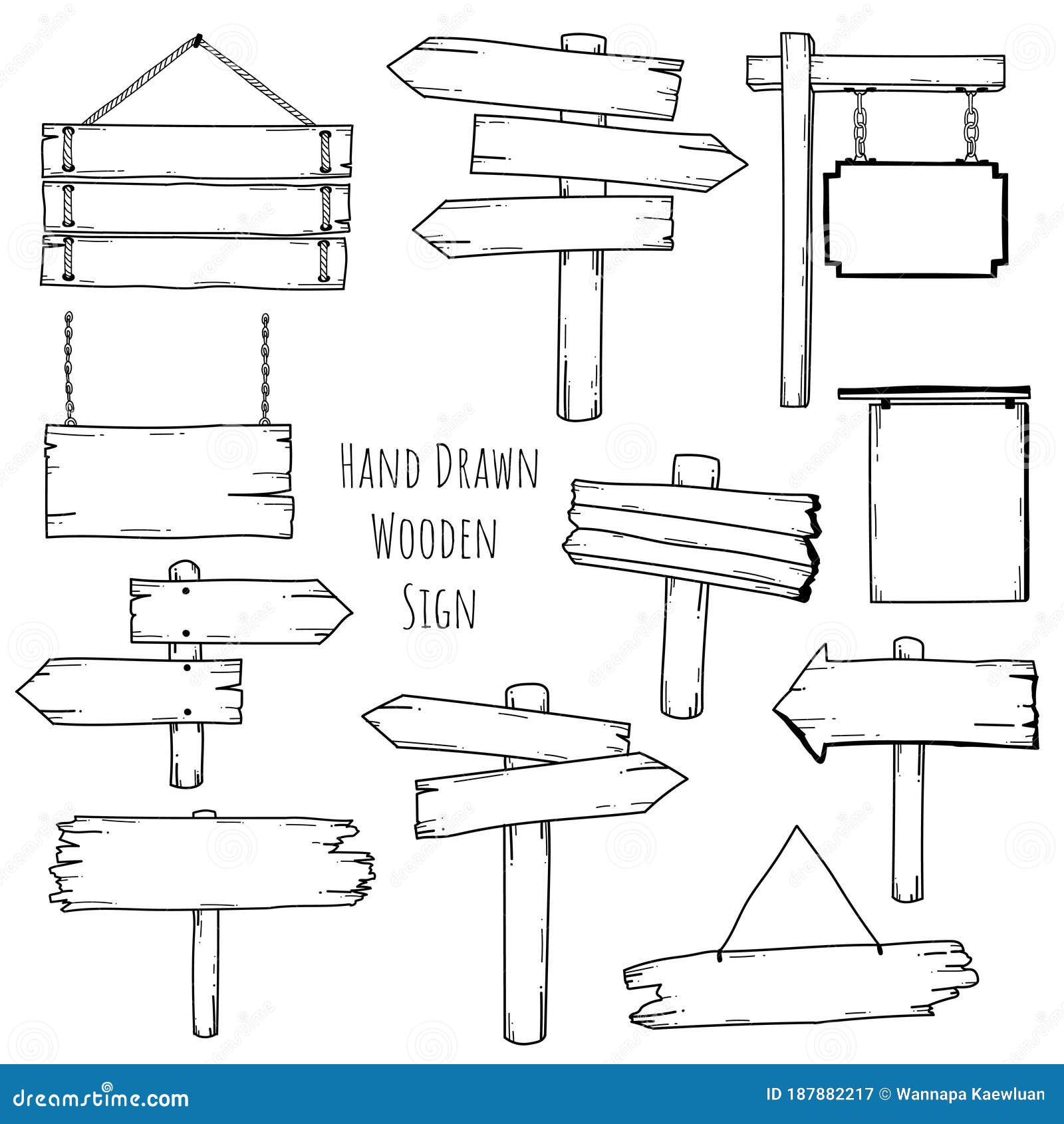 Hand Drawn Doodle Wooden Sign Collection Stock Vector - Illustration of ...