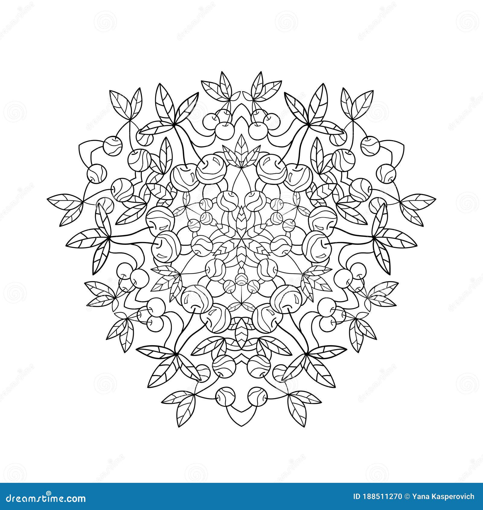 Fruit Mandala. Cherry Berries and Leaves. for Coloring Book Pages ...