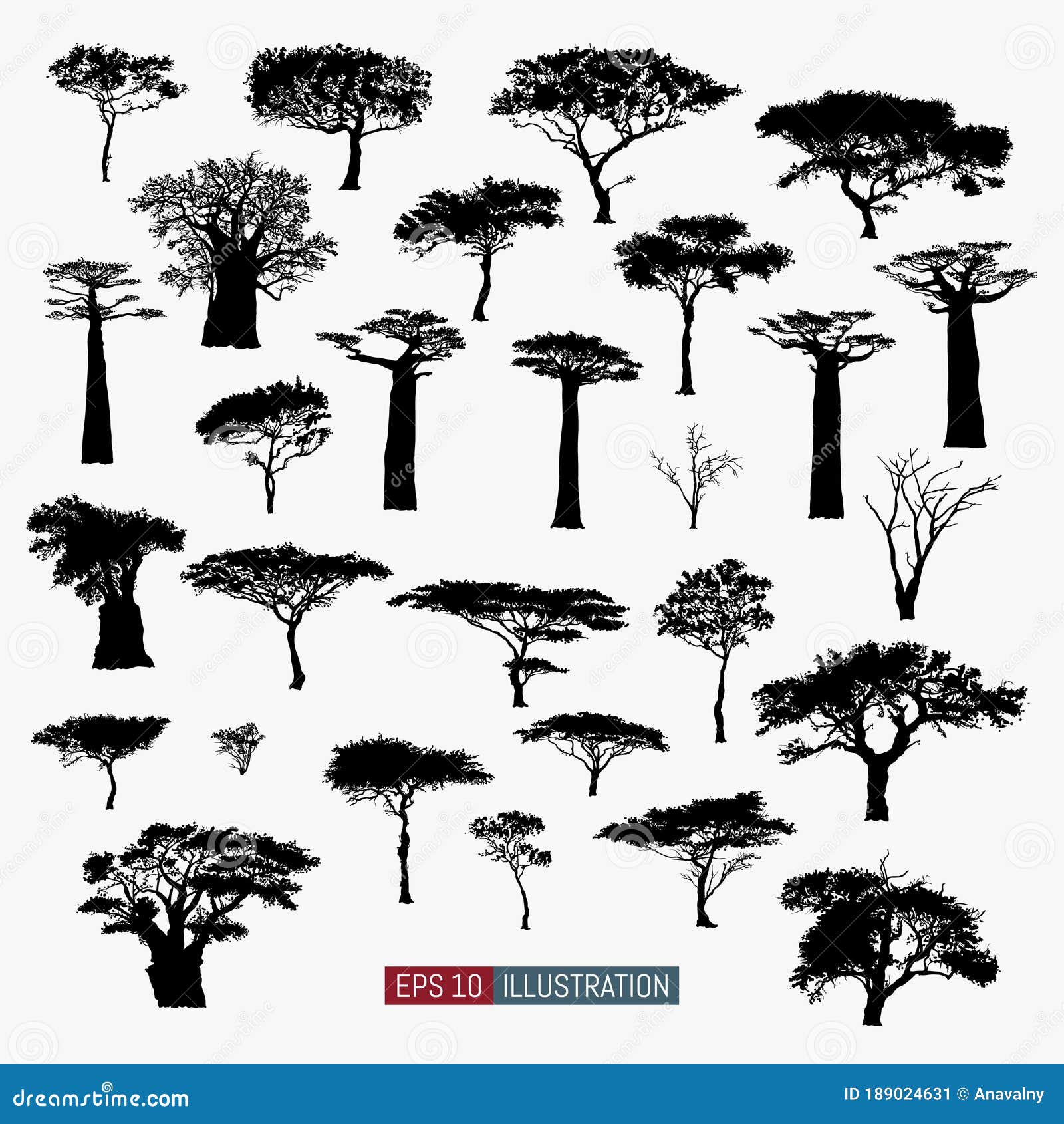 African Tree Isolated Silhouettes Set. Vector Illustration. Stock ...