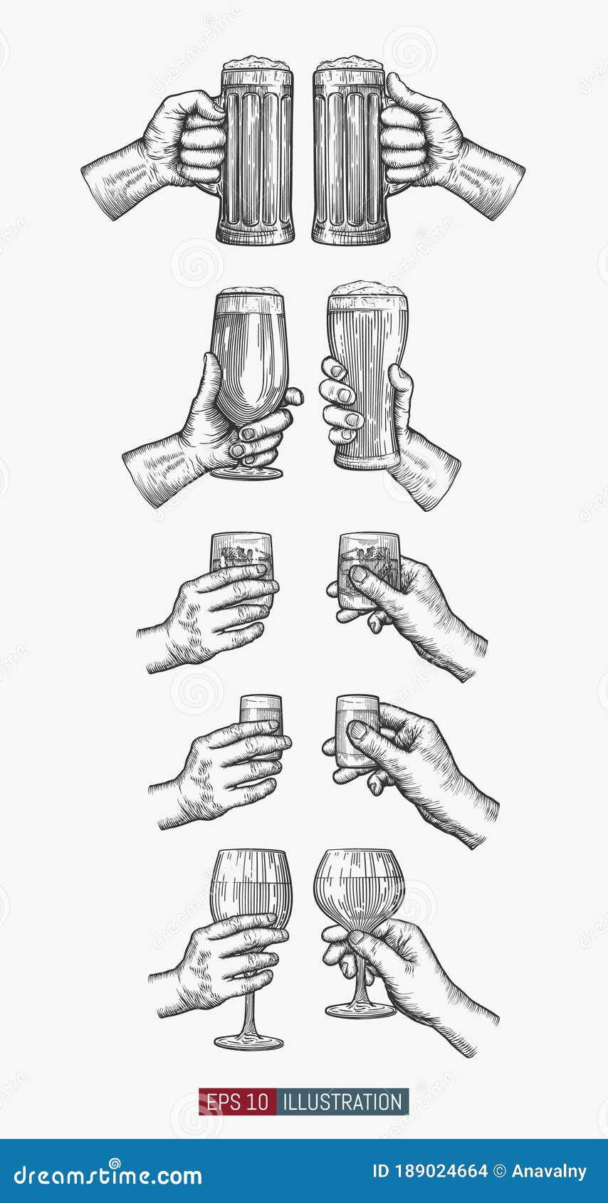 Set of Hands Holding Glasses. Engraved Style Vector Illustration. Stock ...