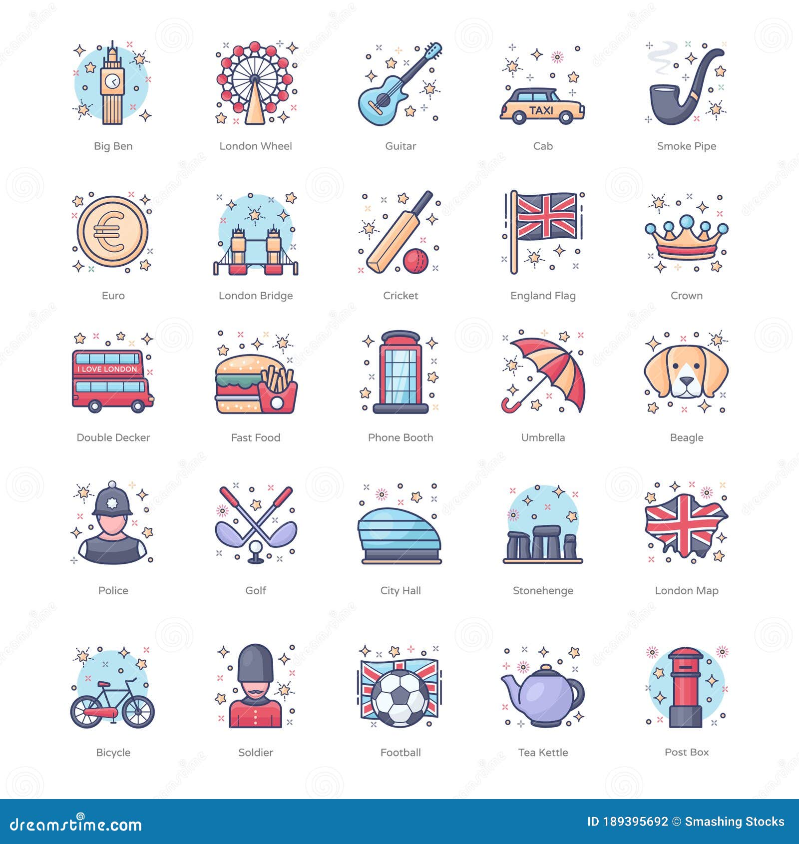 British Culture Icons in Modern Flat Style Pack Stock Vector ...