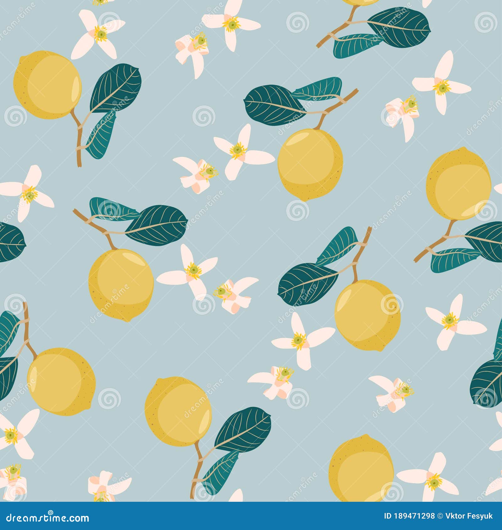 Seamless Citrus Pattern with Palm Flowers on Blue Background. Hand ...