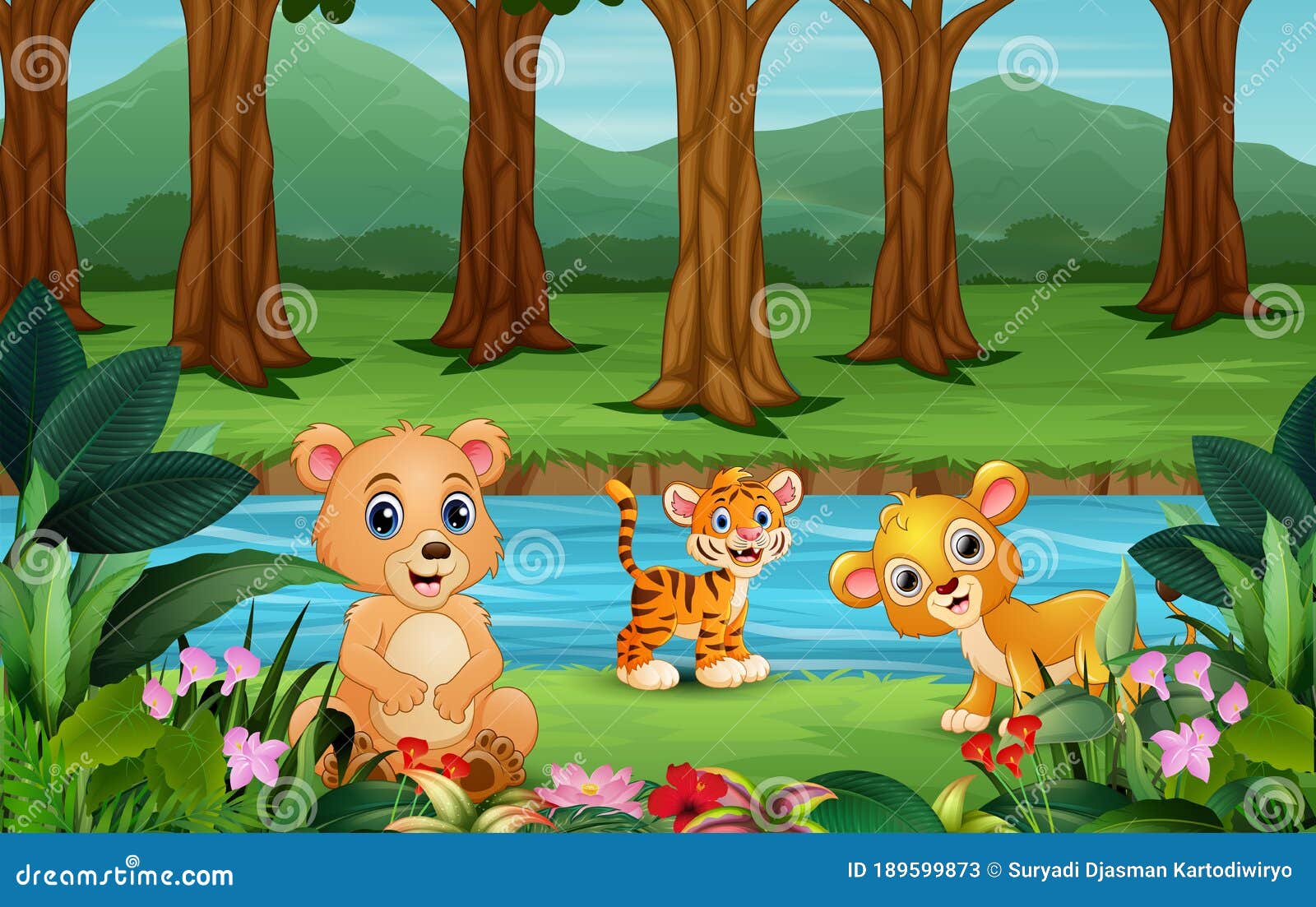 Happy Animal Playing on the Riverside Stock Vector - Illustration of ...