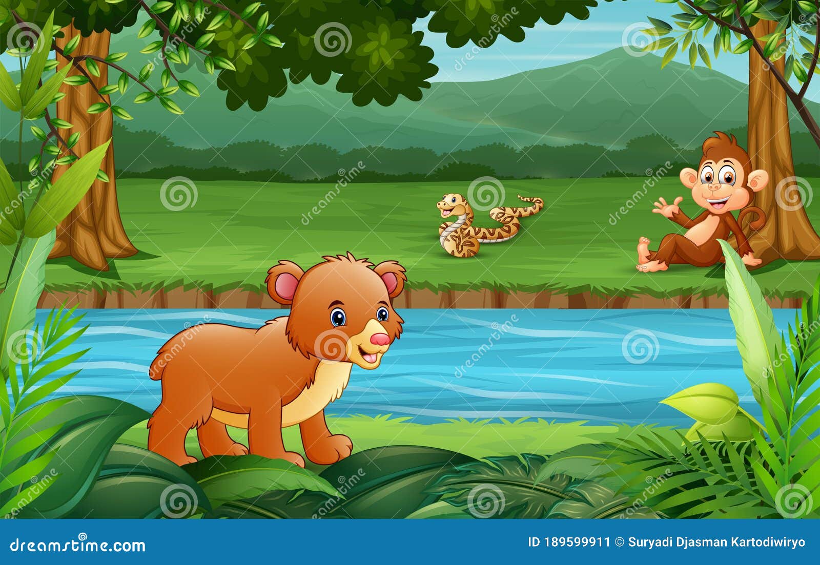 Happy Animal Enjoying on the Riverside Stock Illustration ...
