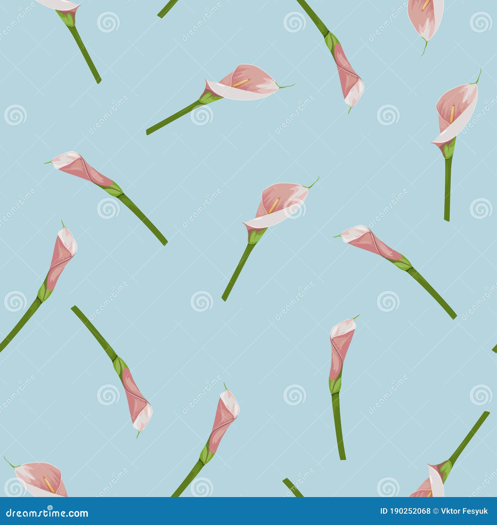 Seamless Pattern of Pink Calla Lily Flowers with Leaves on Blue ...