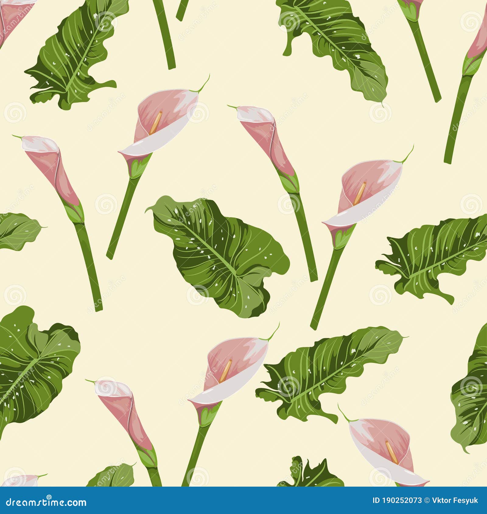 Seamless Pattern of Pink Calla Lily Flowers with Leaves on Yellow ...