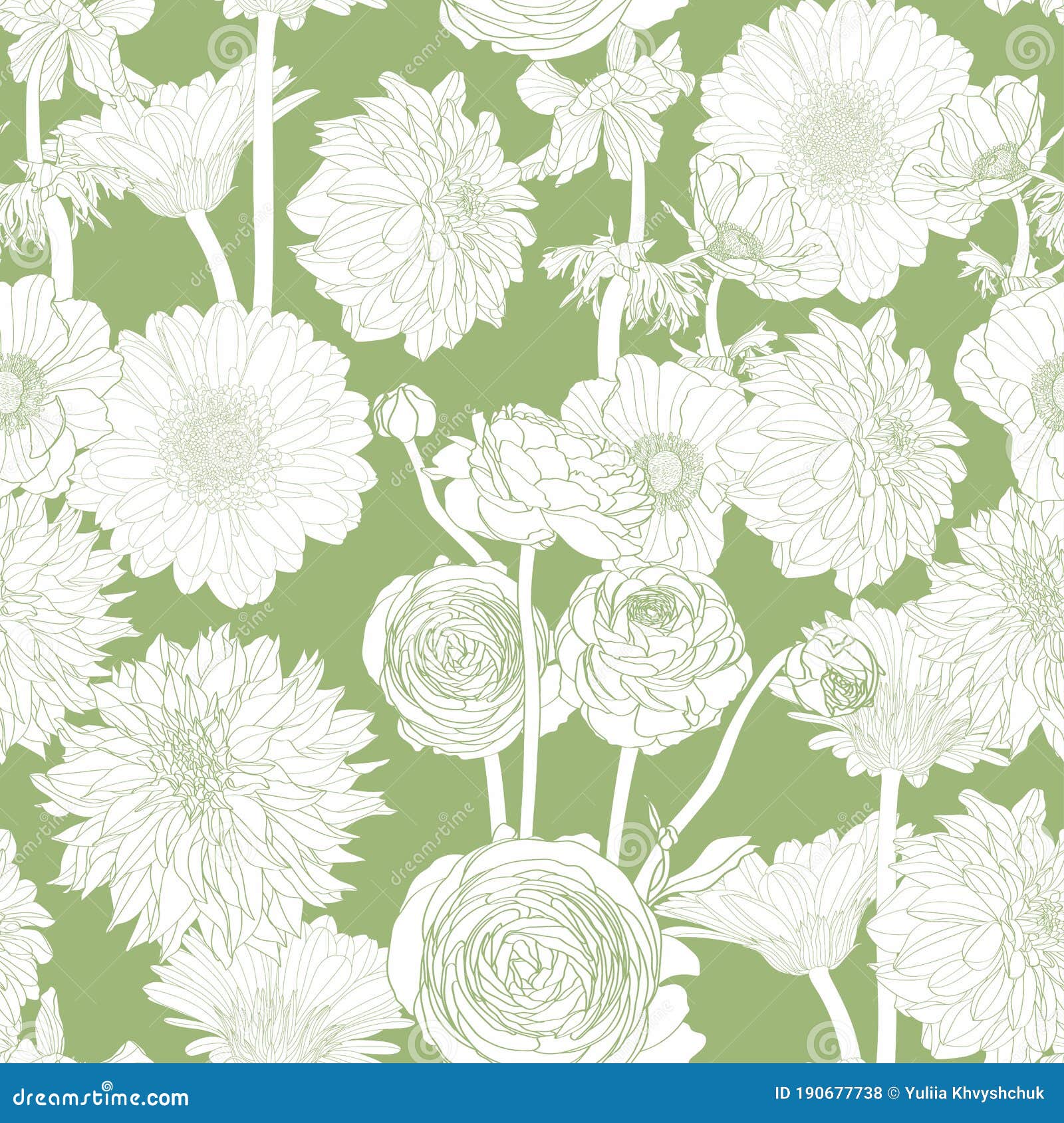 Many Kind of Garden Line Flower Illustration. Green White Line Seamless ...