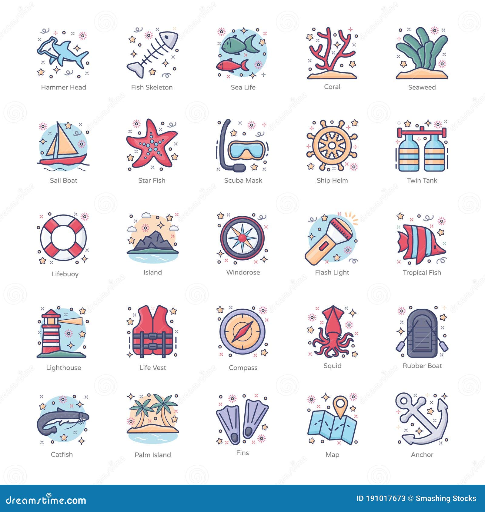 Pack of Underwater Flat Icons Stock Vector - Illustration of sailboat ...