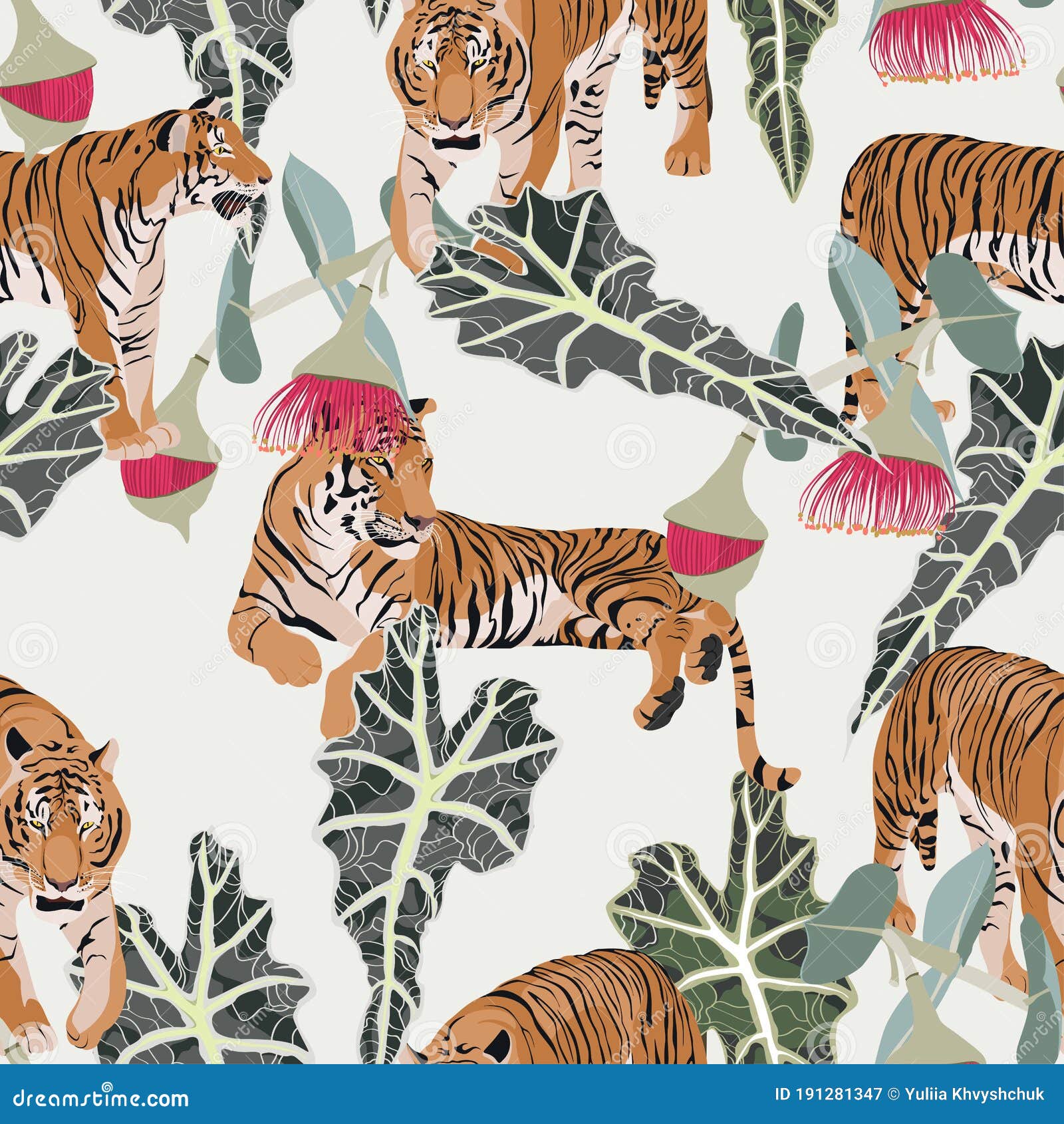 Exotic Animal Tiger in the Jungle Pattern Beige Background Illustration ...