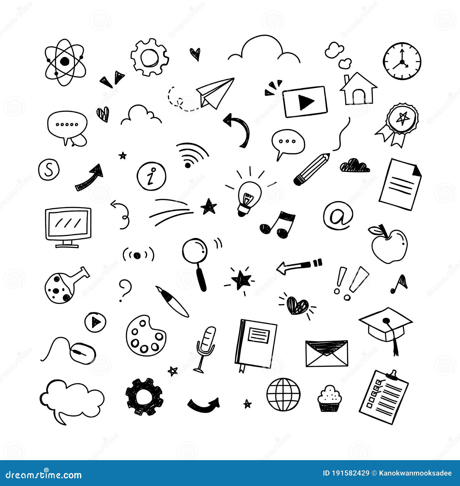 Education Elements. Set of Learning Hand-drawn Design on White ...