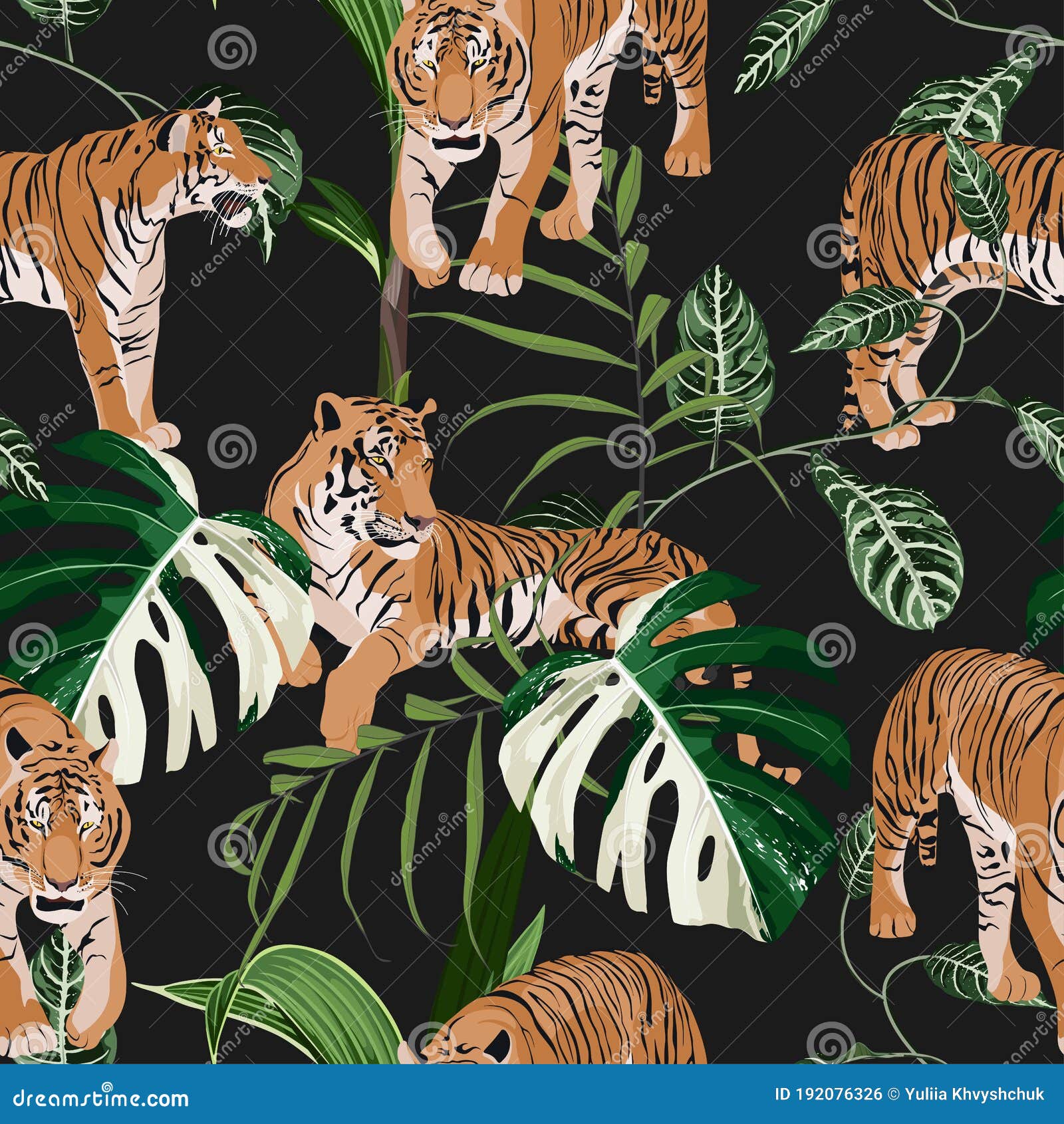 Exotic Animal Tiger in the Jungle Pattern Vintage Black Background ...