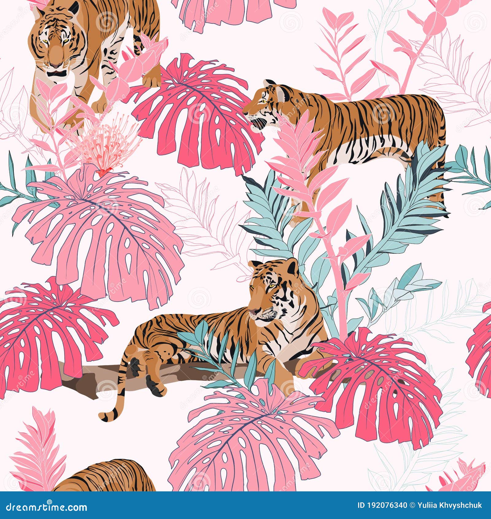 Exotic Tiger Animal in the Jungle Pattern with Bright Tropical Leaves ...