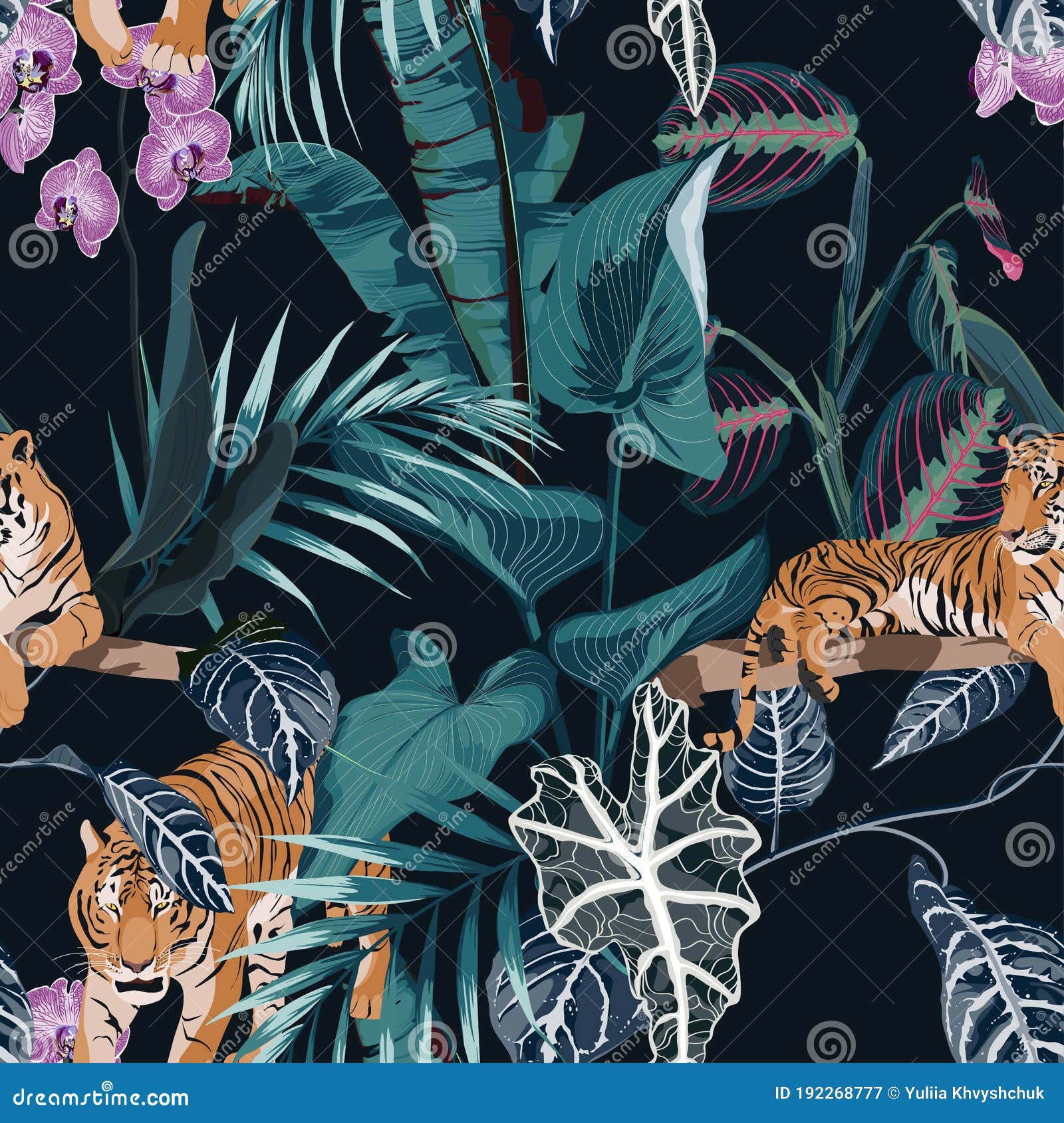 Tropical Night Vintage Wild Animals Tiger Pattern, Palm Tree, Palm ...