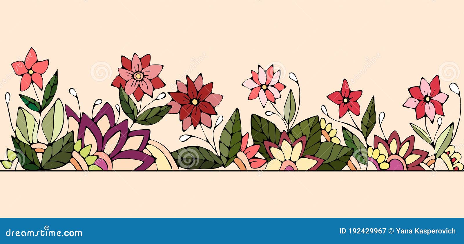 Colorful Horizontal Border from Bright Flowers and Leaves on Light ...