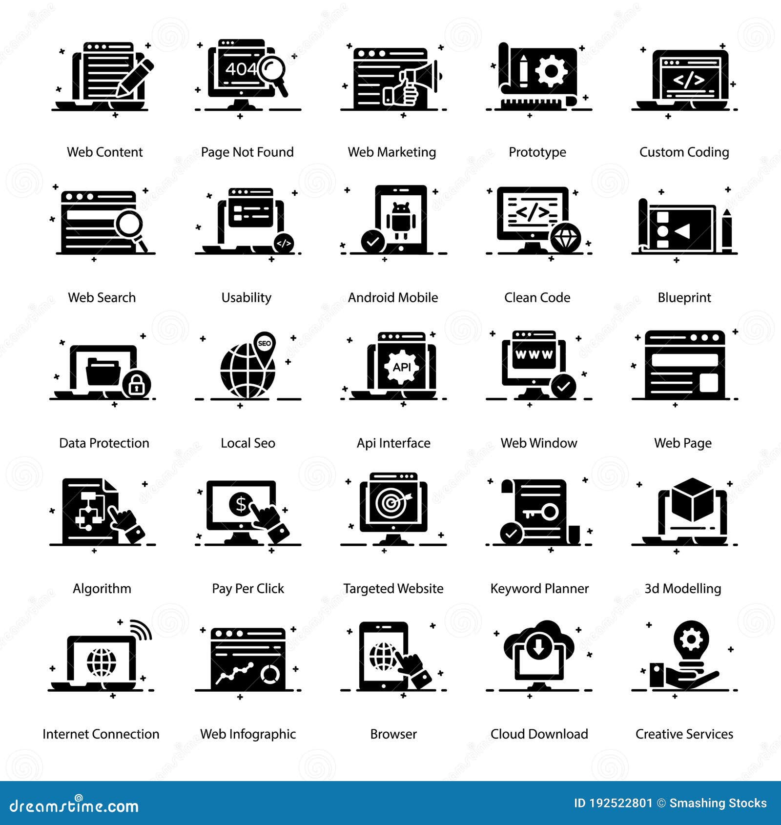 Pack of Web Solid Icons stock vector. Illustration of algorithm - 192522801