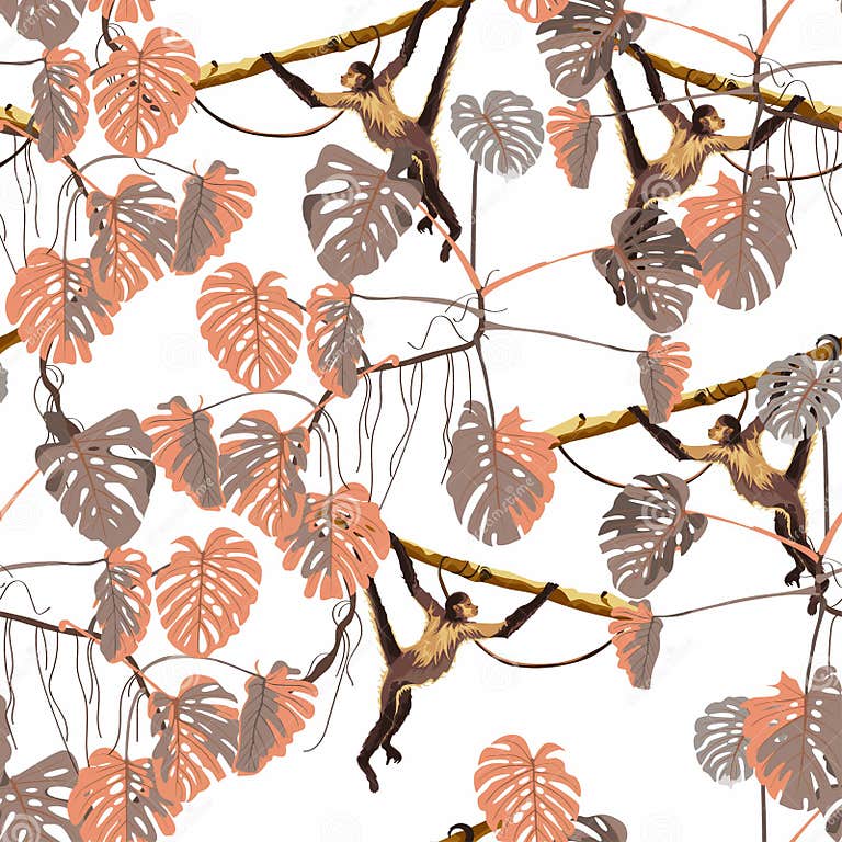 Tropical Monkey, Palm Trees Floral Seamless Pattern in Brown Colors ...