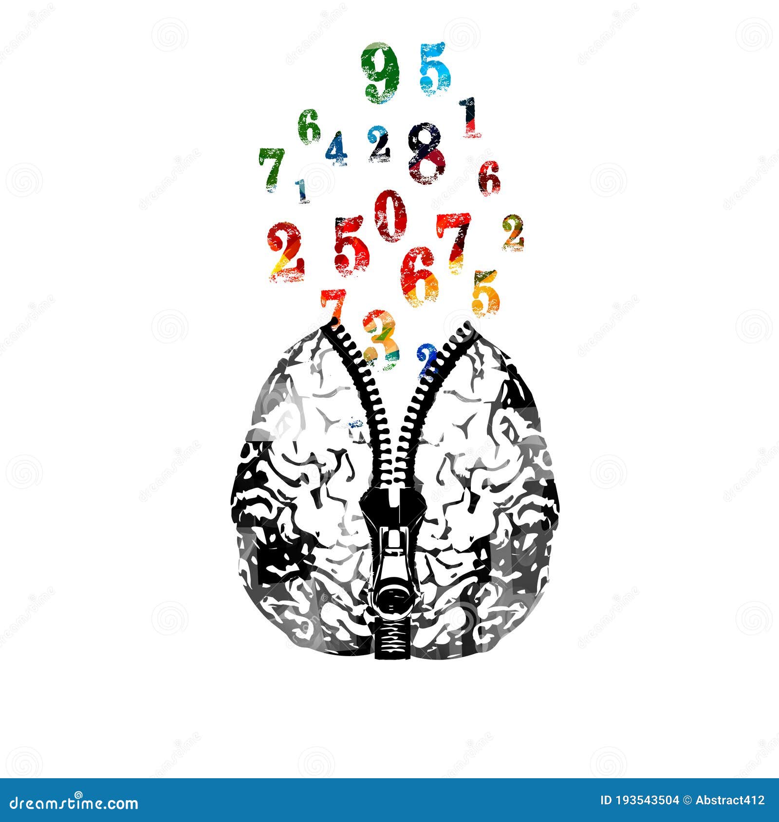 Human Brain with Zipper and Colorful Numbers Vector Illustration ...