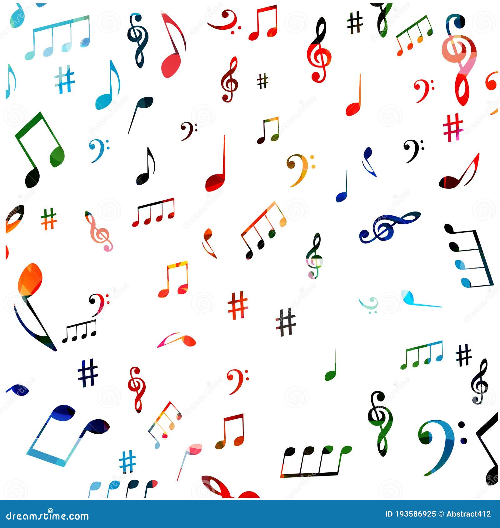 Music Symbols Seamless Background Design. Isolated Colorful Music Notes ...