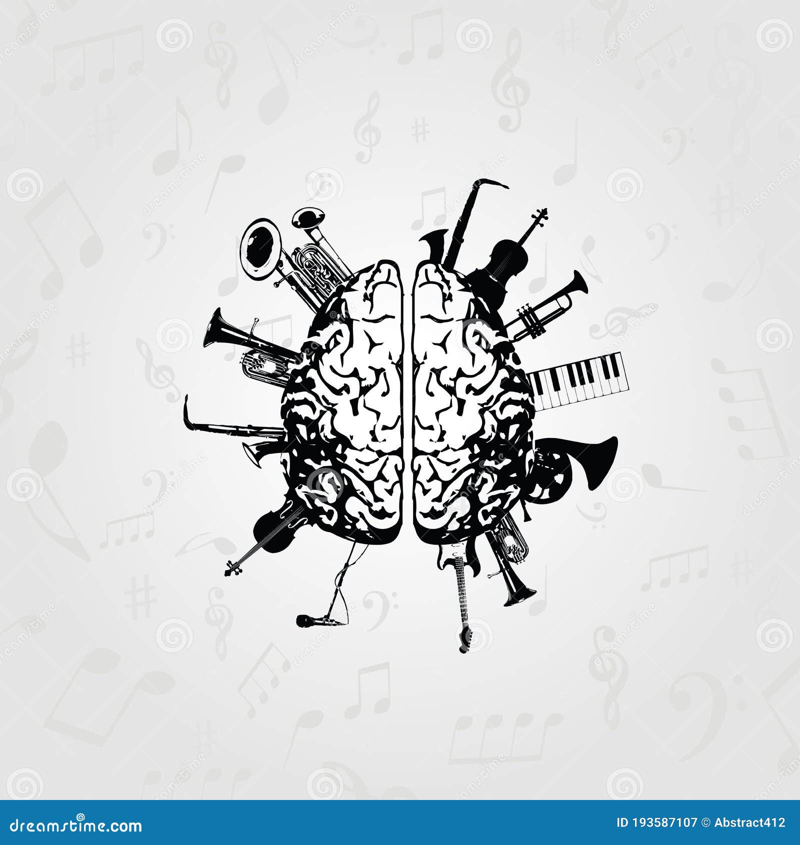 Music Design Vector. Black and White Human Brain with Music Instruments ...