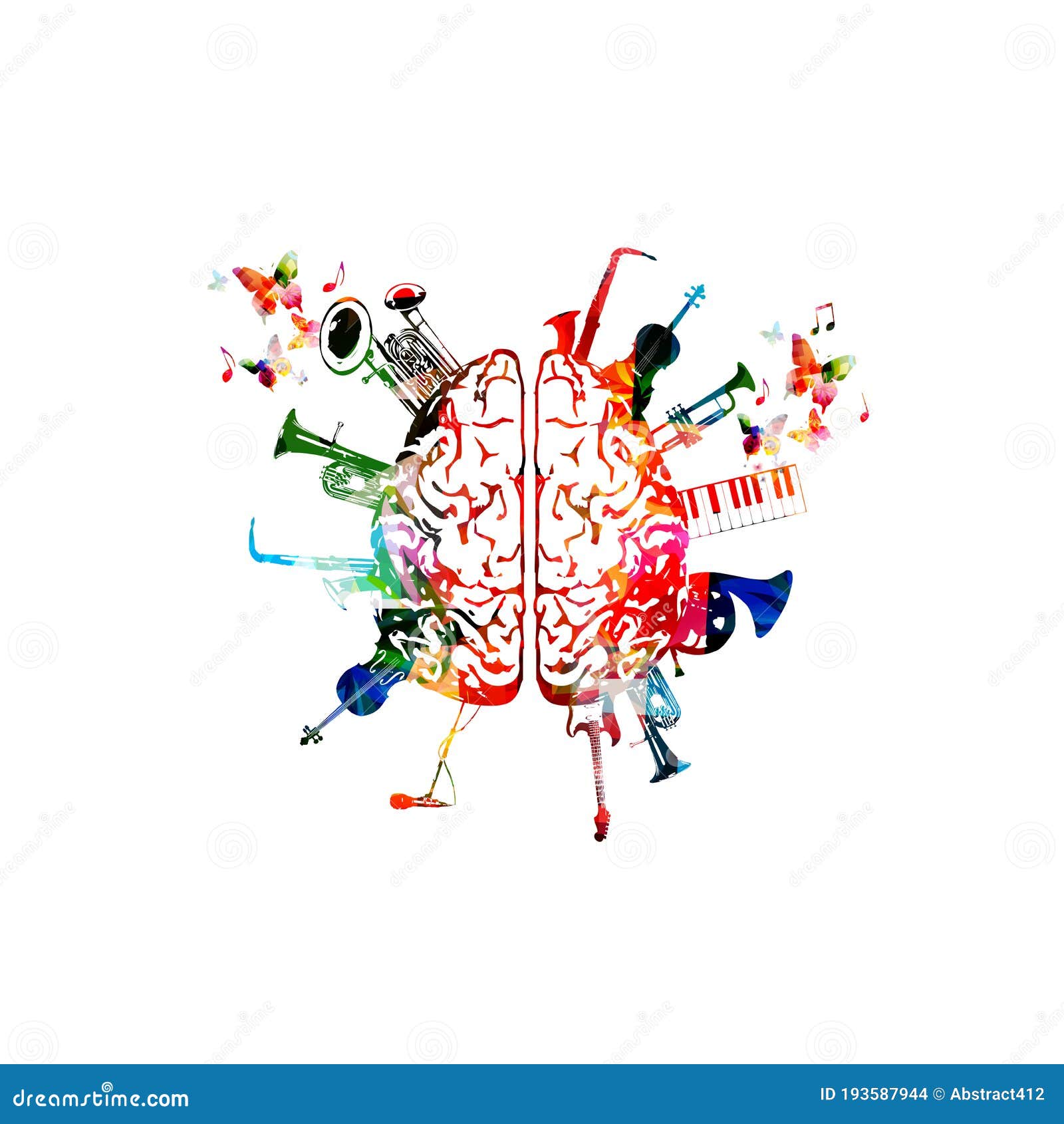 Music Design Vector. Colorful Human Brain with Music Instruments ...