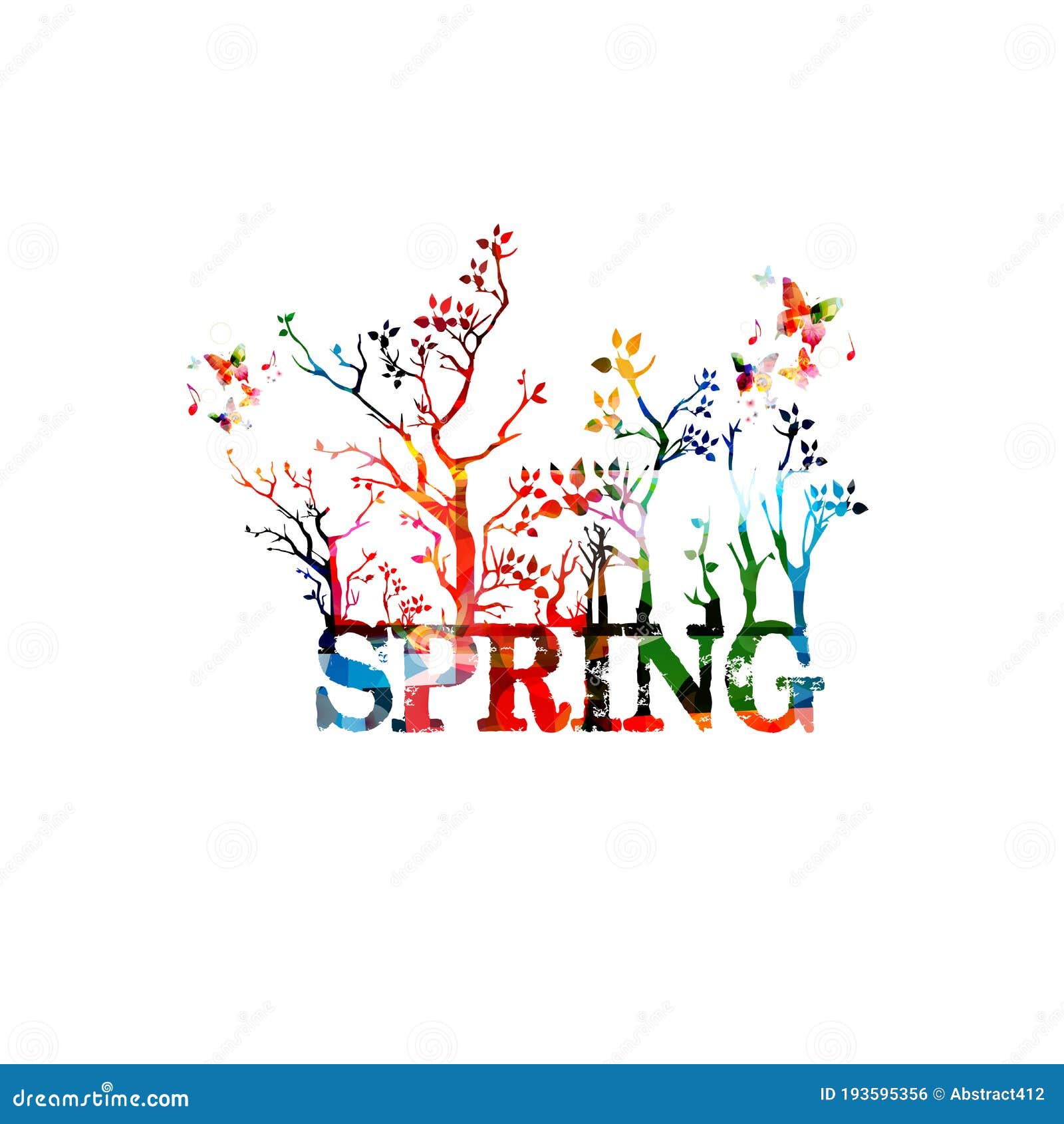 Spring Vector Illustration Design with Trees. Colorful Lettering Design ...