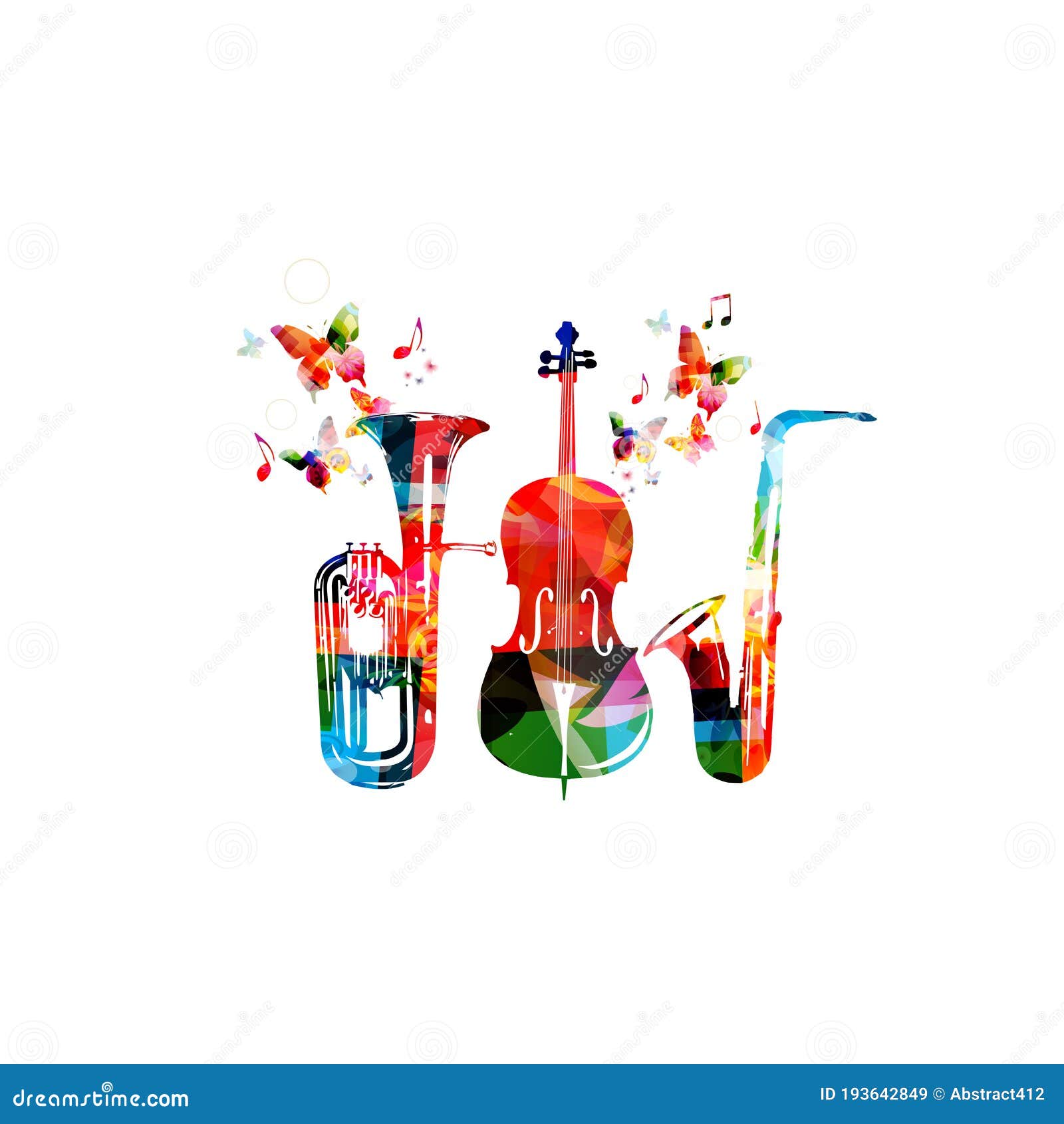 Colorful Euphonium, Saxophone and Violoncello with Music Notes and ...