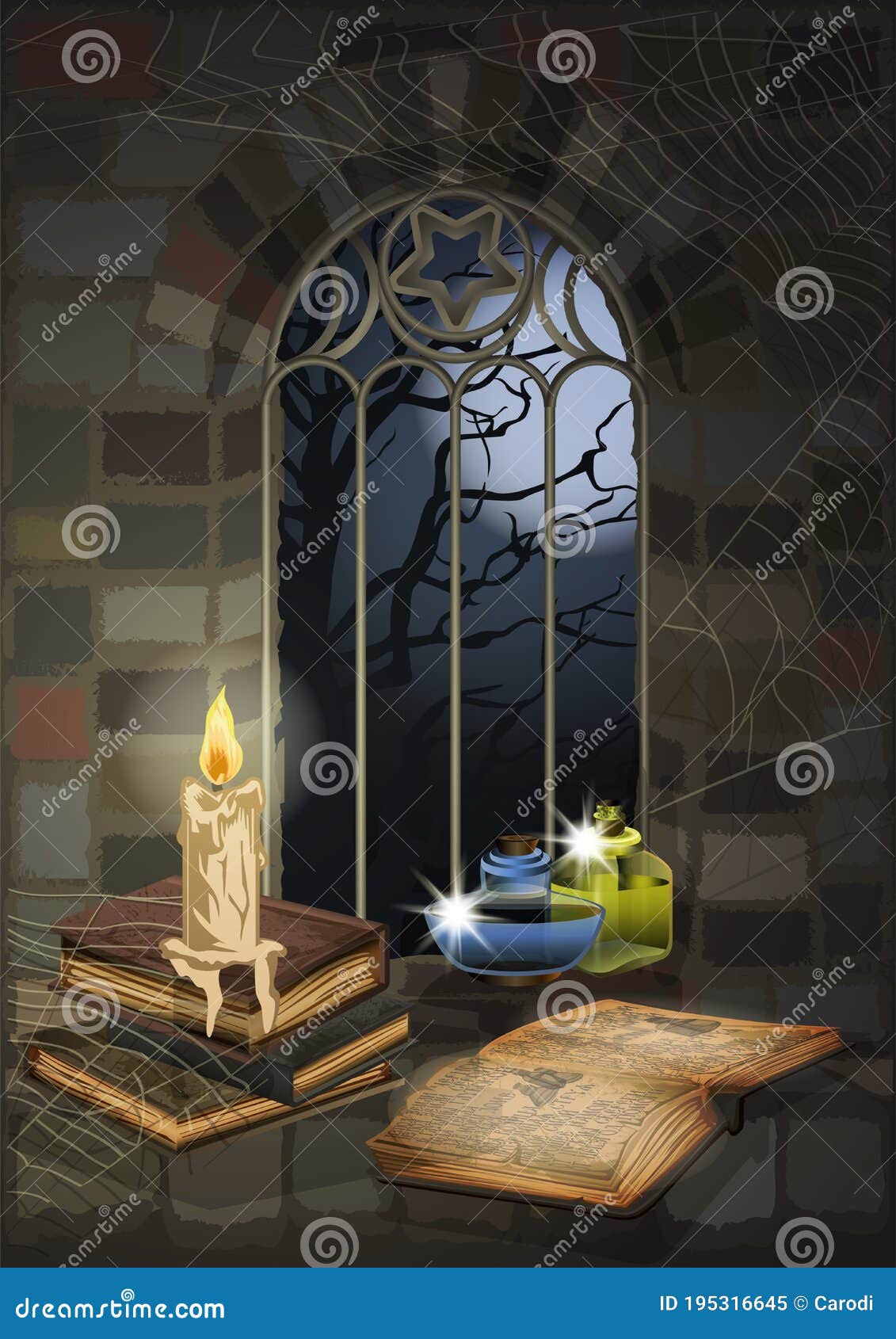 Gothic Window with Magic Witch Book, Candle and Glass Jar, Background ...