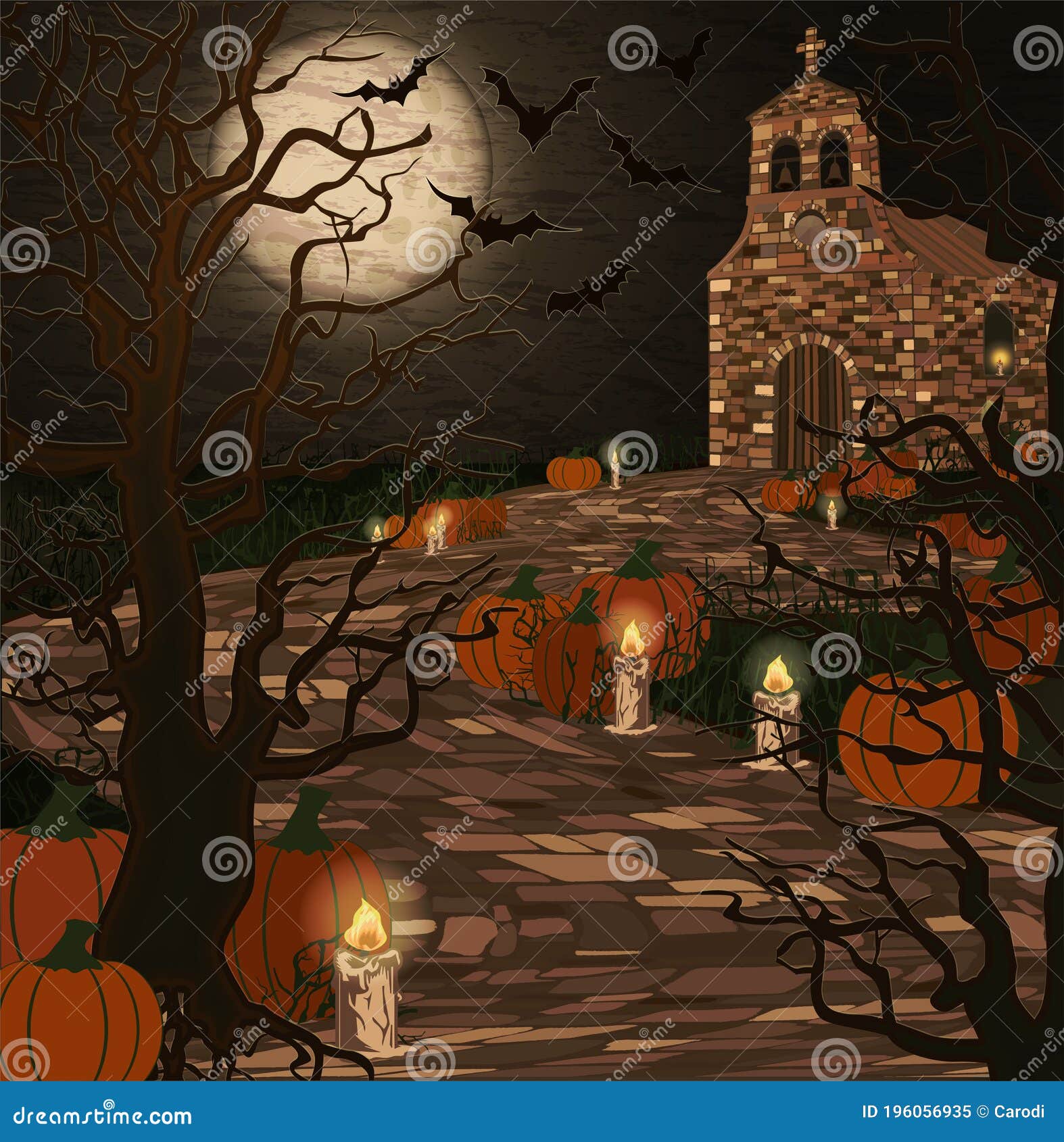 Happy Halloween Wallpaper. Stone Road and Medieval Church Stock Vector ...