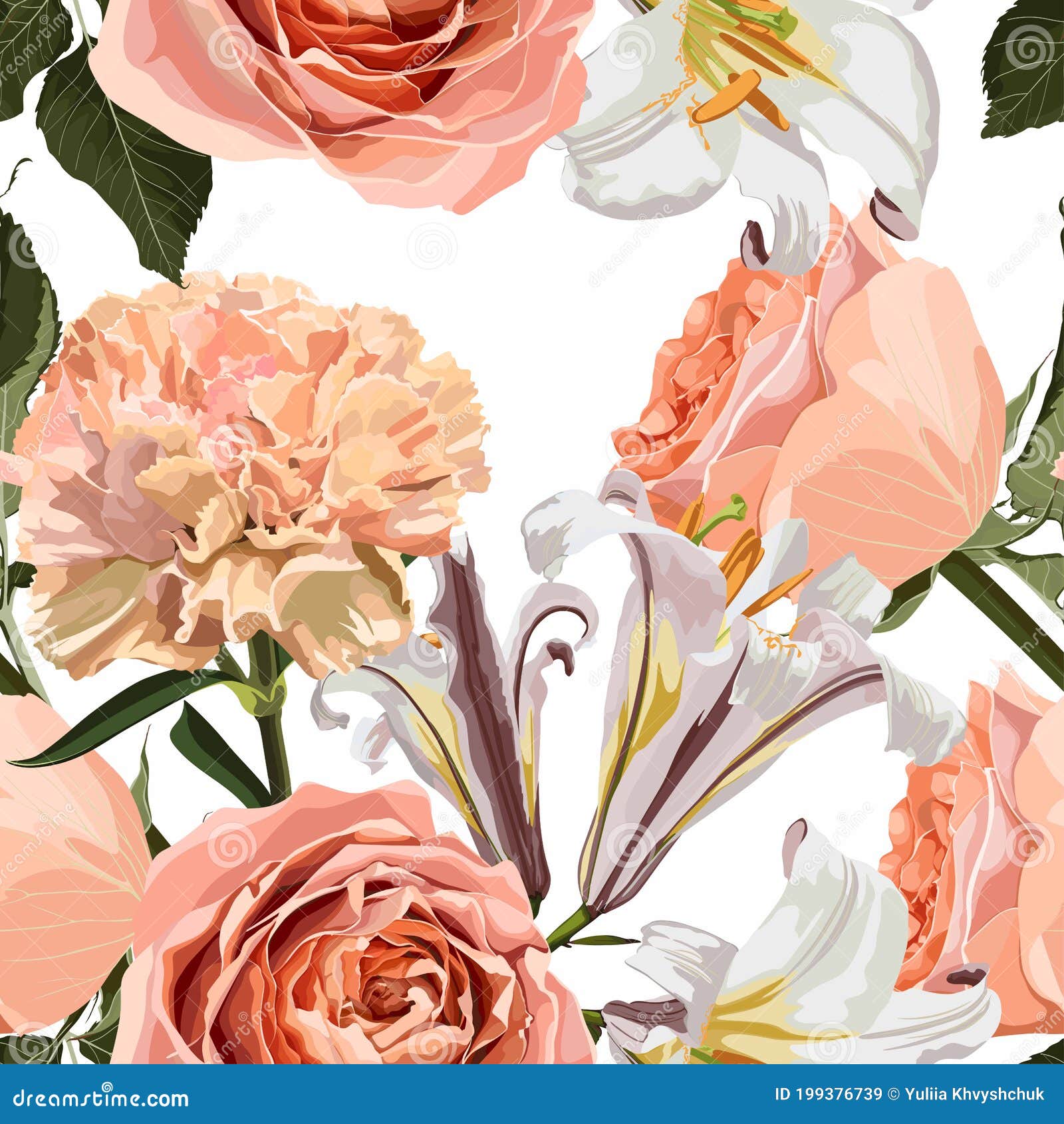 Basic RGBFloral Seamless Pattern with Lilies, Creamy Roses, Carnation ...