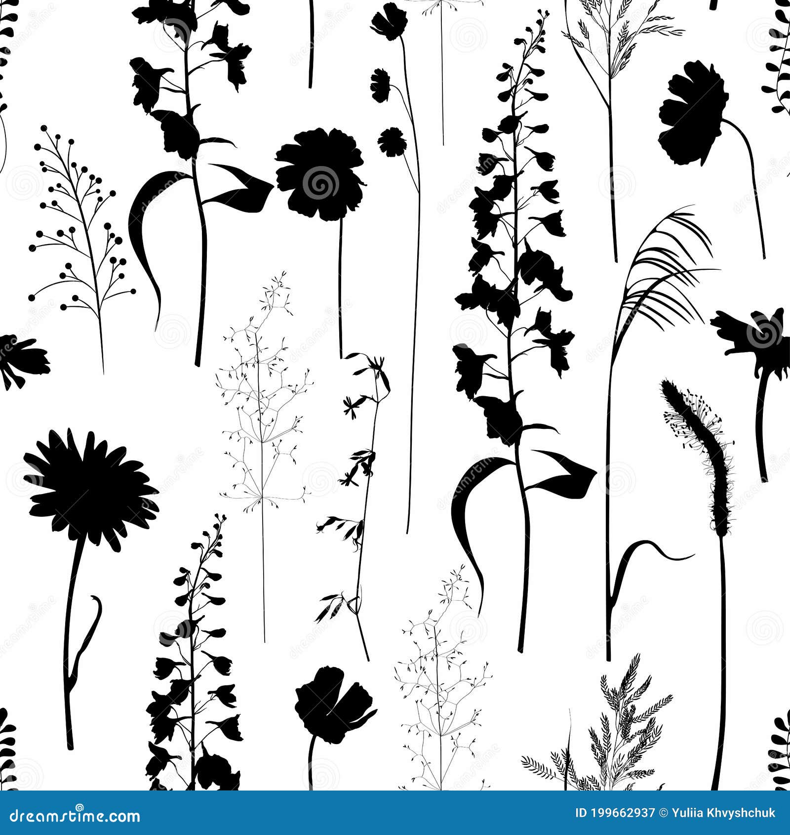 Silhouettes Herbarium Monochrome Floral Seamless Pattern. Wild Branches ...