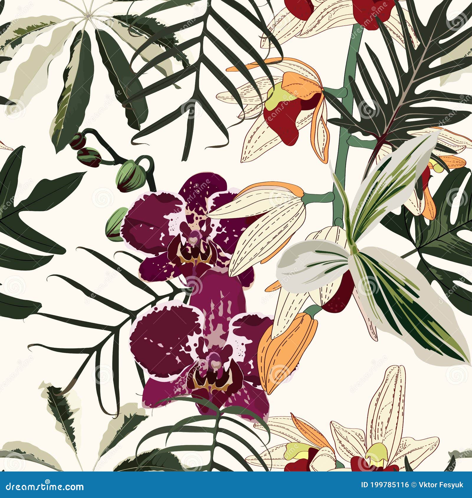Seamless Design Pattern Arranged with Orchids Flower, Exotic Leaves and ...
