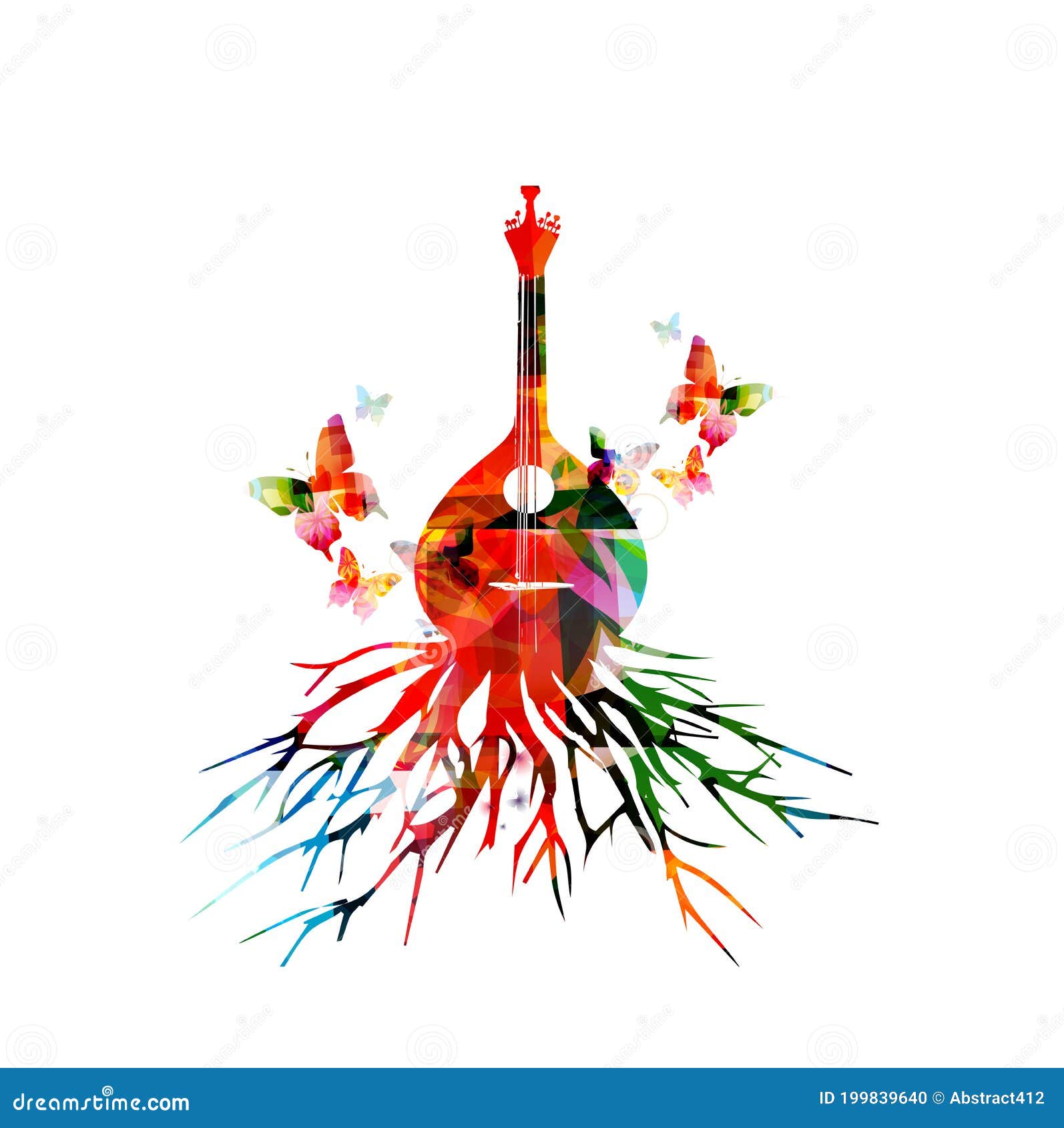 Colorful Portuguese Fado Guitar with Butterlies. Music Background ...