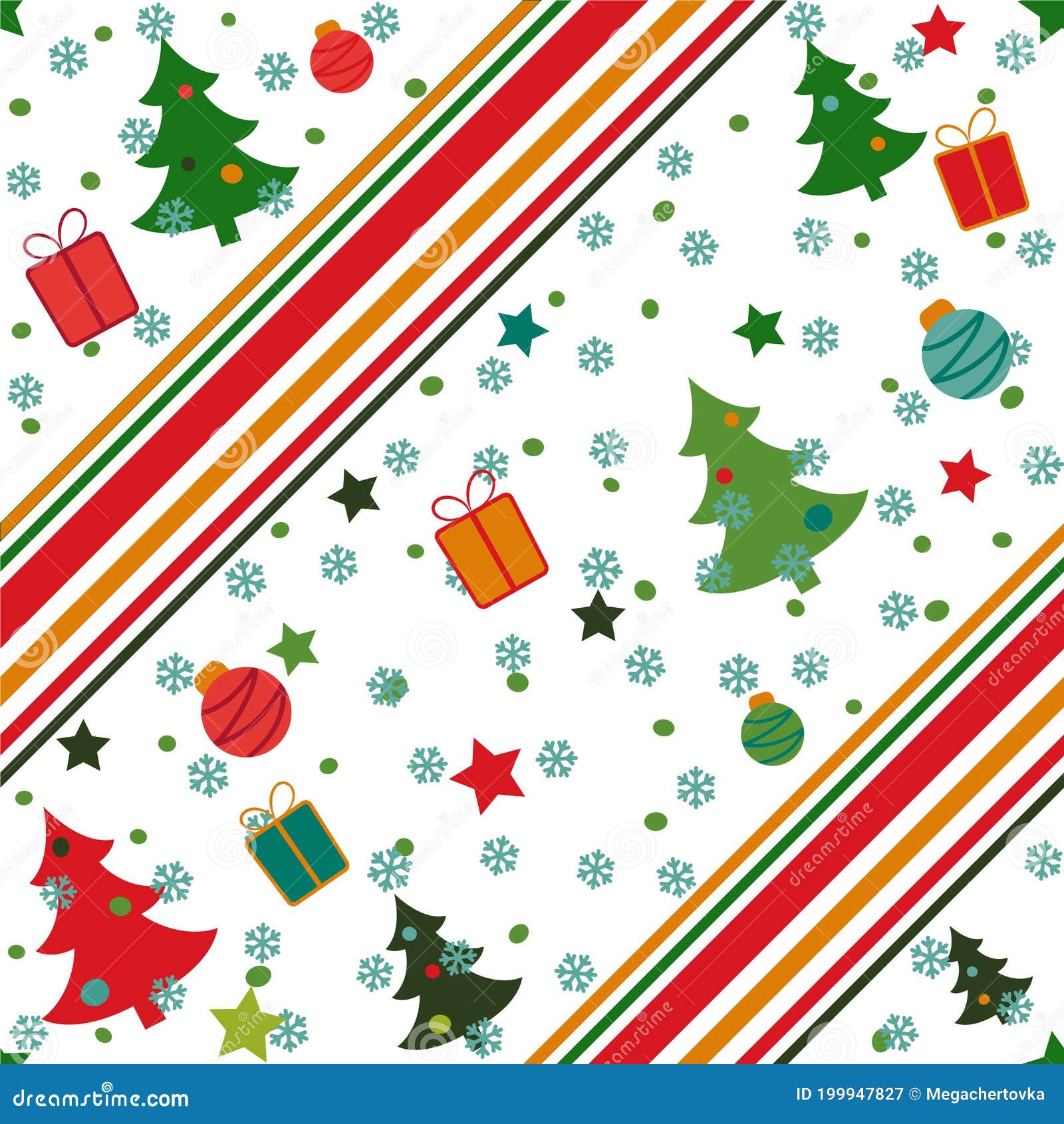 Seamless Christmas Pattern with Green Trees, Balls, Gifts and Snow ...