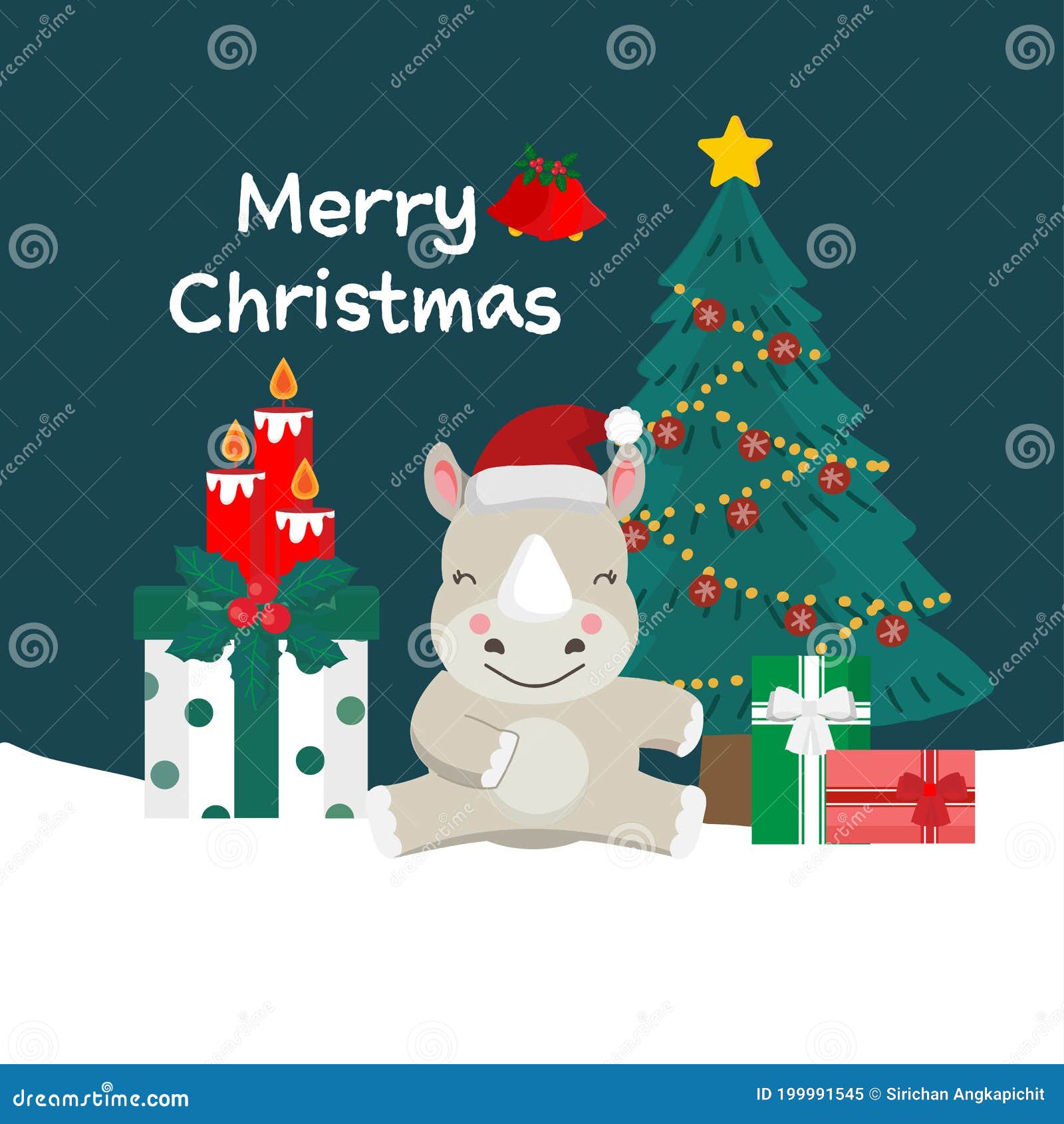 Merry Christmas Card with Cute Rhino Wearing Santa Claus Hat Stock ...